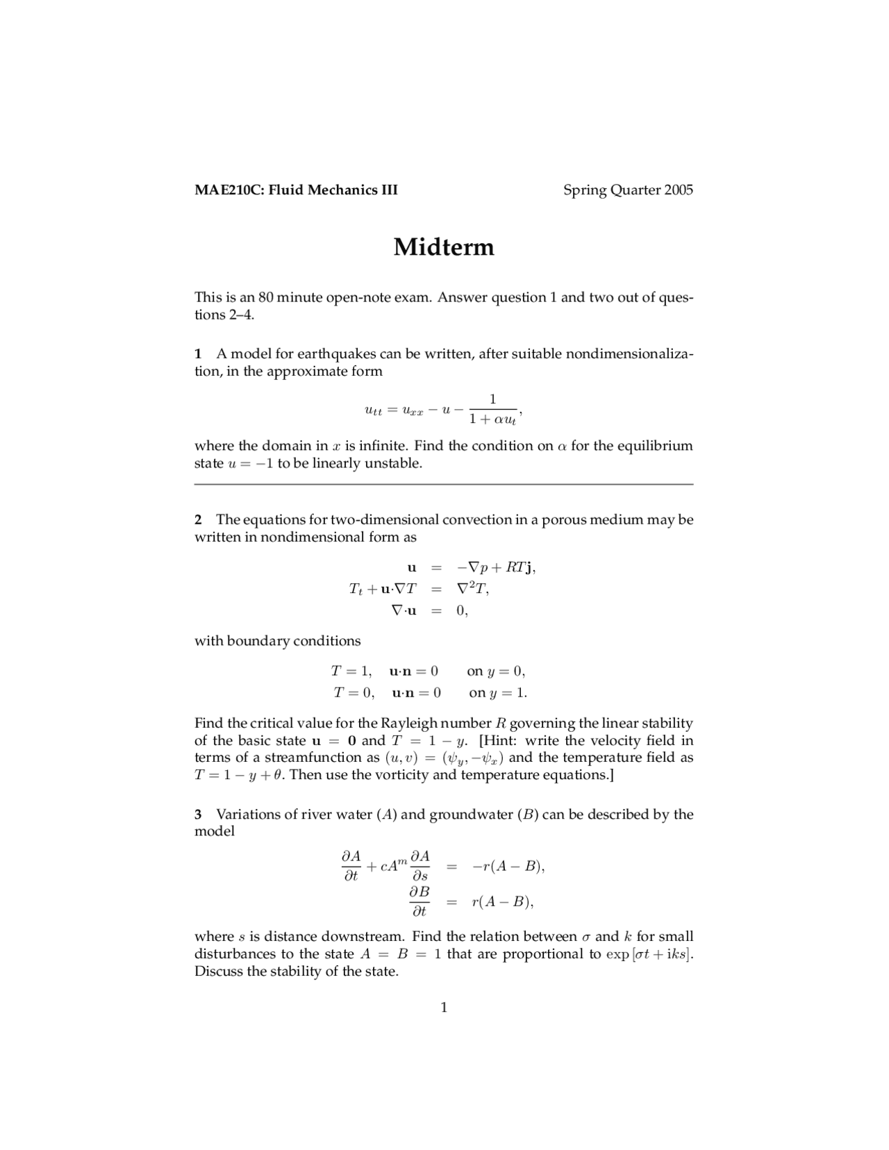 Fluid Mechanics III Midterm Exam, Spring Quarter 2005 | Exams Mechanical Engineering | Docsity
