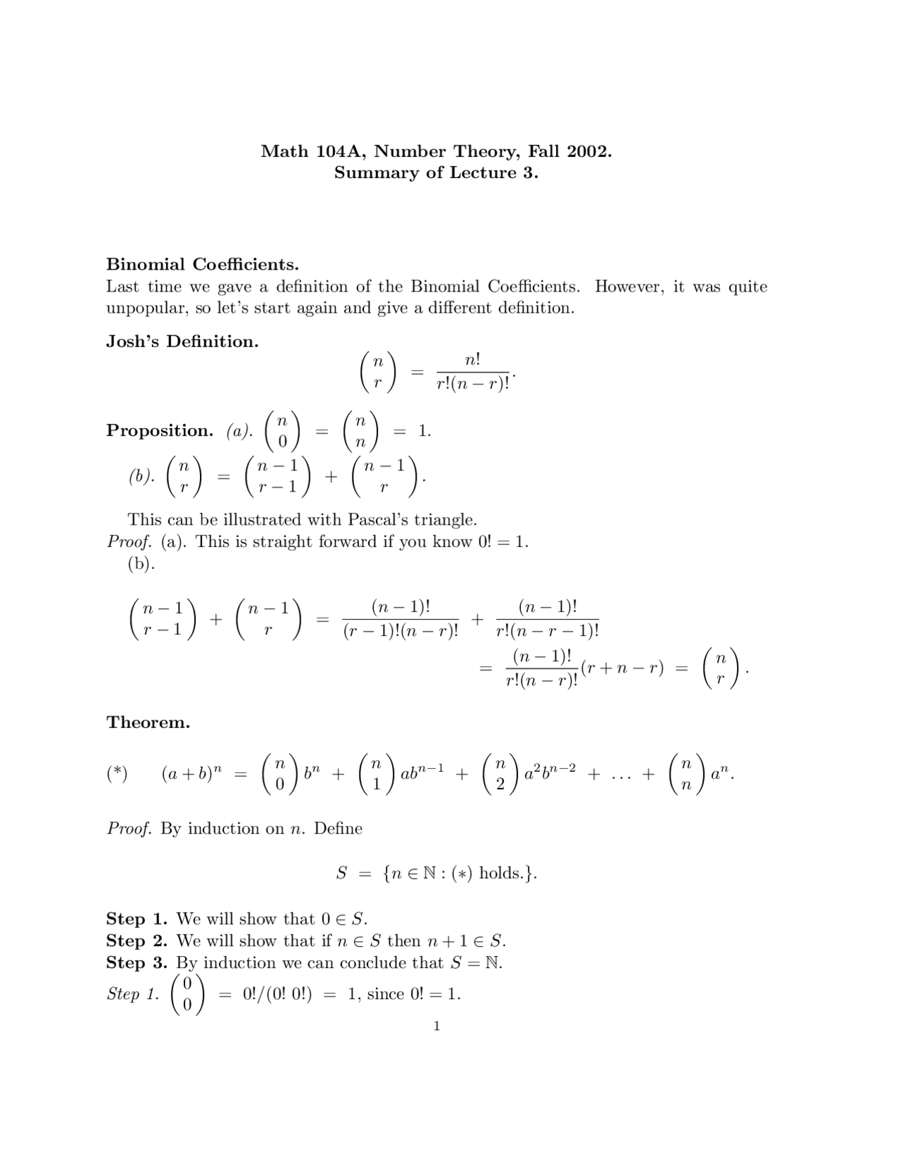 Notes On Binomial Coefficients Joshs Definition Math 104a Docsity