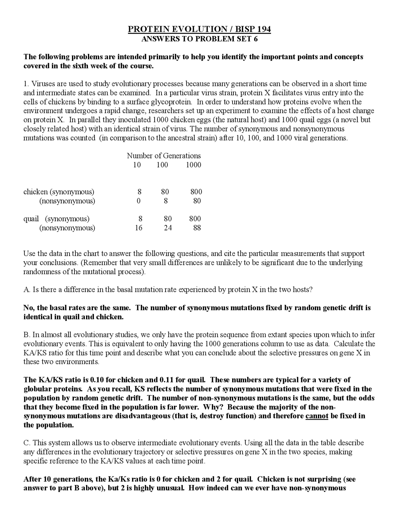 Protein Evolution - Answers to Problem Set 6 | POLI 194 - Docsity