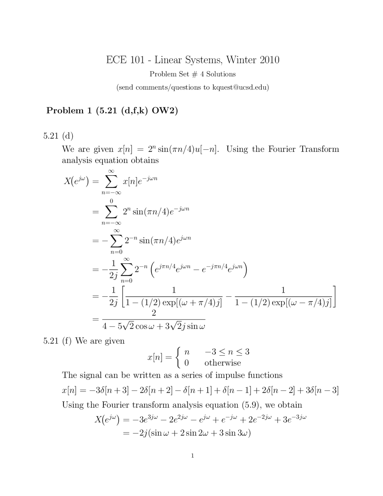 5 Problems On Linear Systems Fundamentals Assignment 4 Ece 101