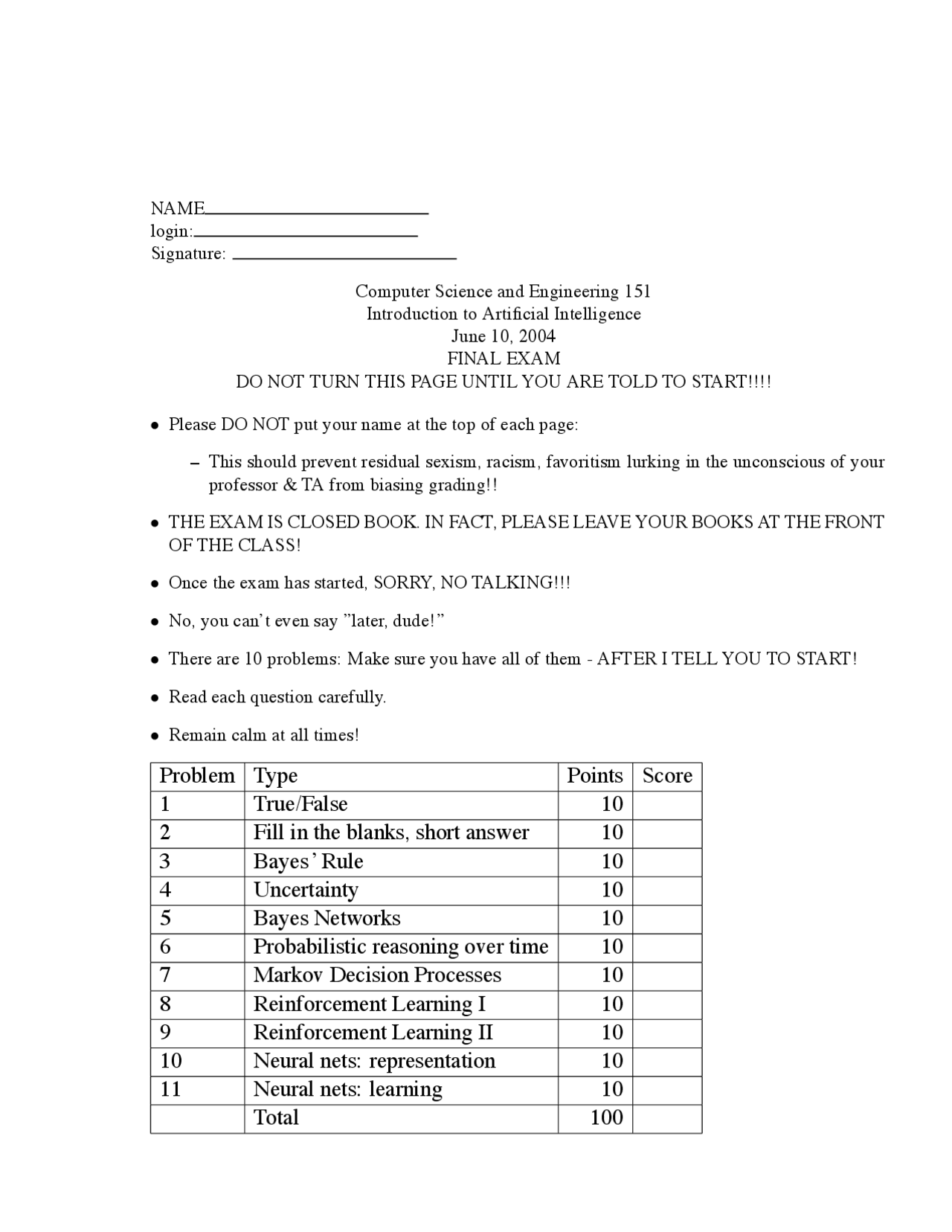 Final Exam Introduction To Artificial Intelligence Cse 150 Docsity