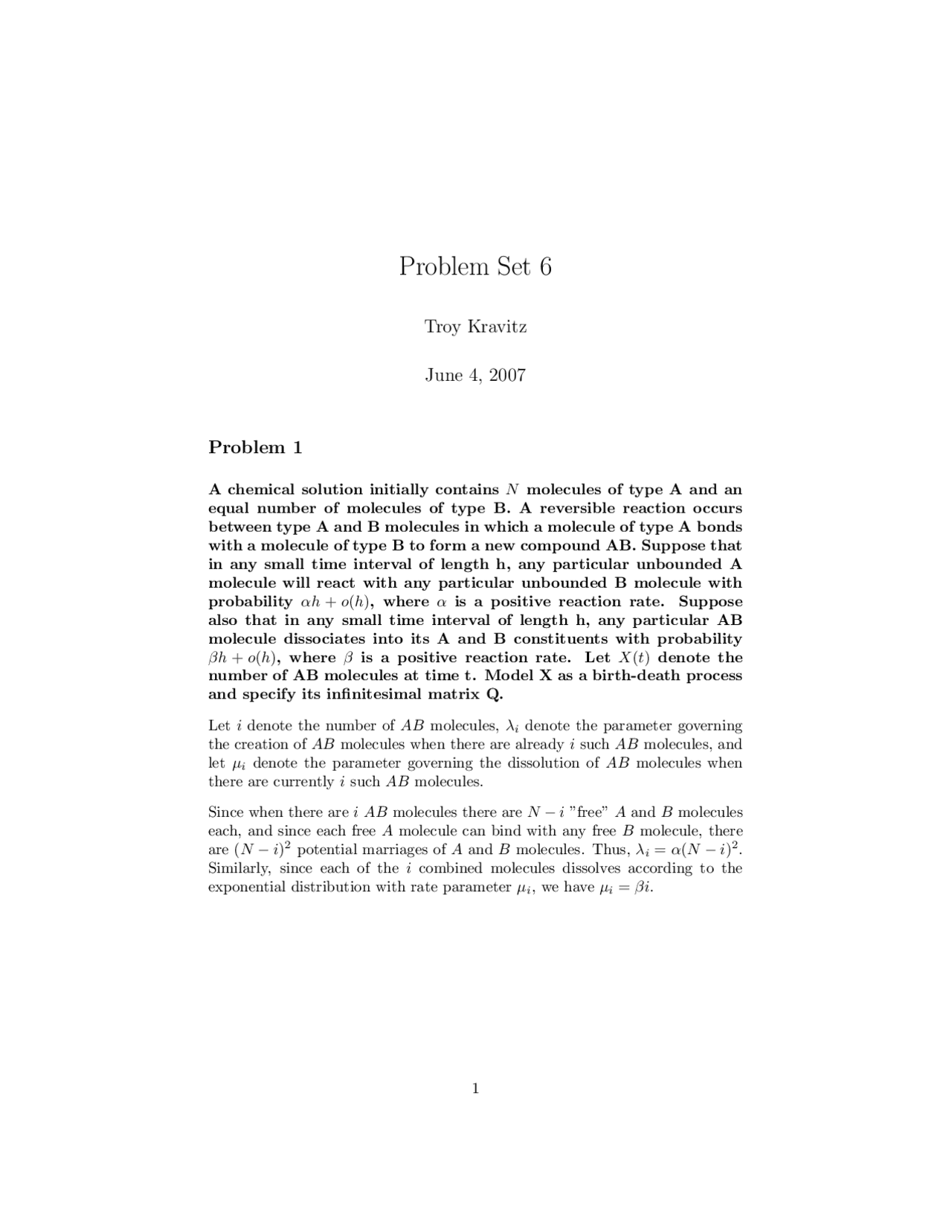 Problem Set 6 Stochastic Processes 2007 Math 285 Docsity
