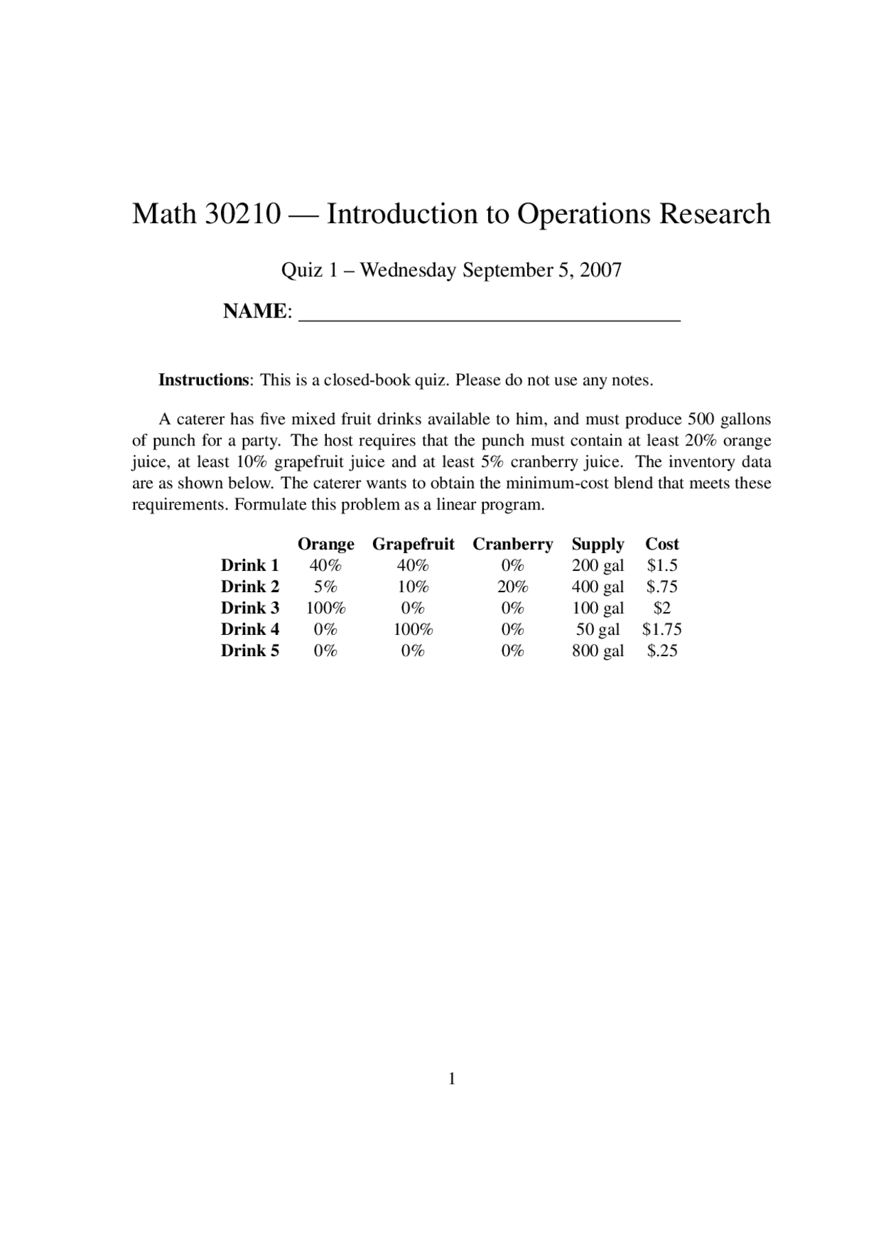 Practice Quiz 1 Introduction To Operations Research Math 30210
