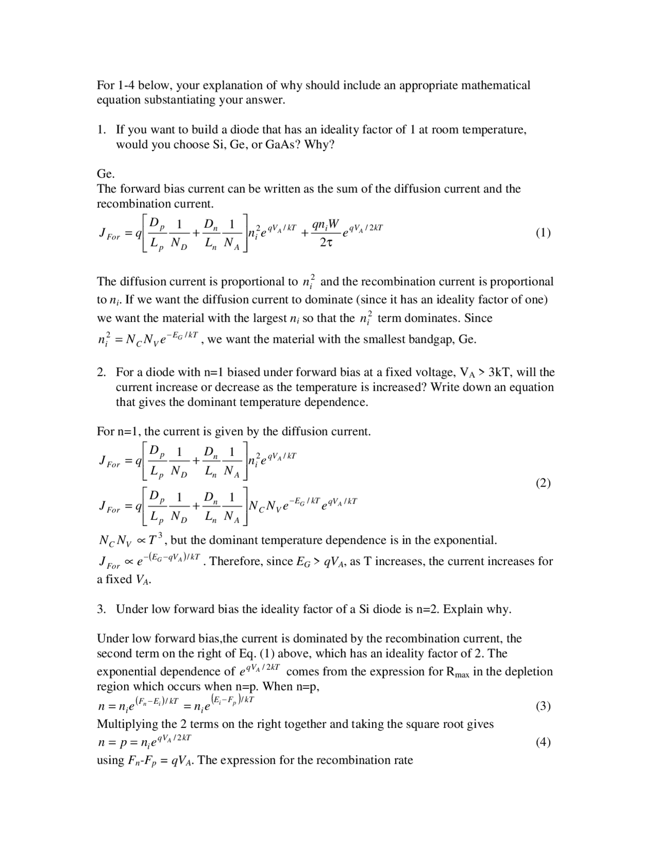 Practice Problems On Solid State Devices Old Assignment 3 Ee 203