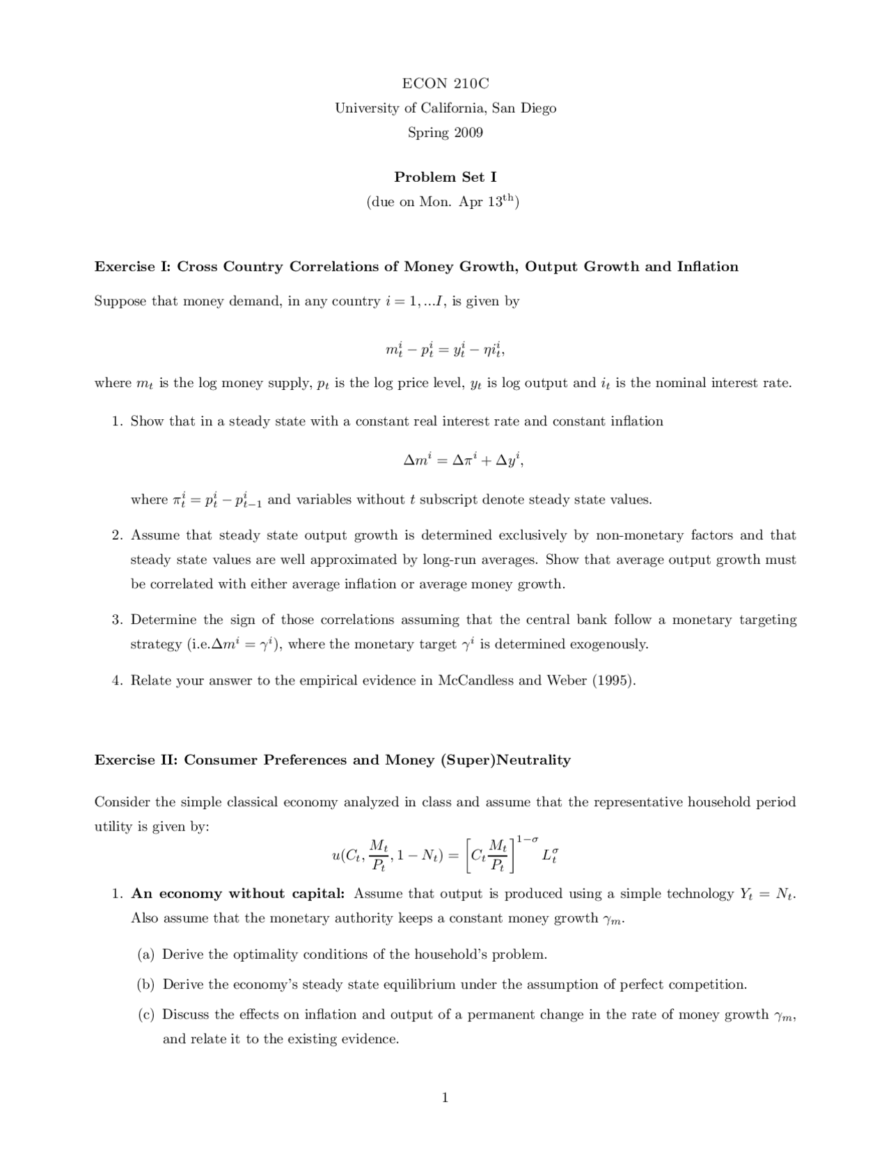4 Problems For Assignment 1 Macroeconomics Econ 210c Docsity