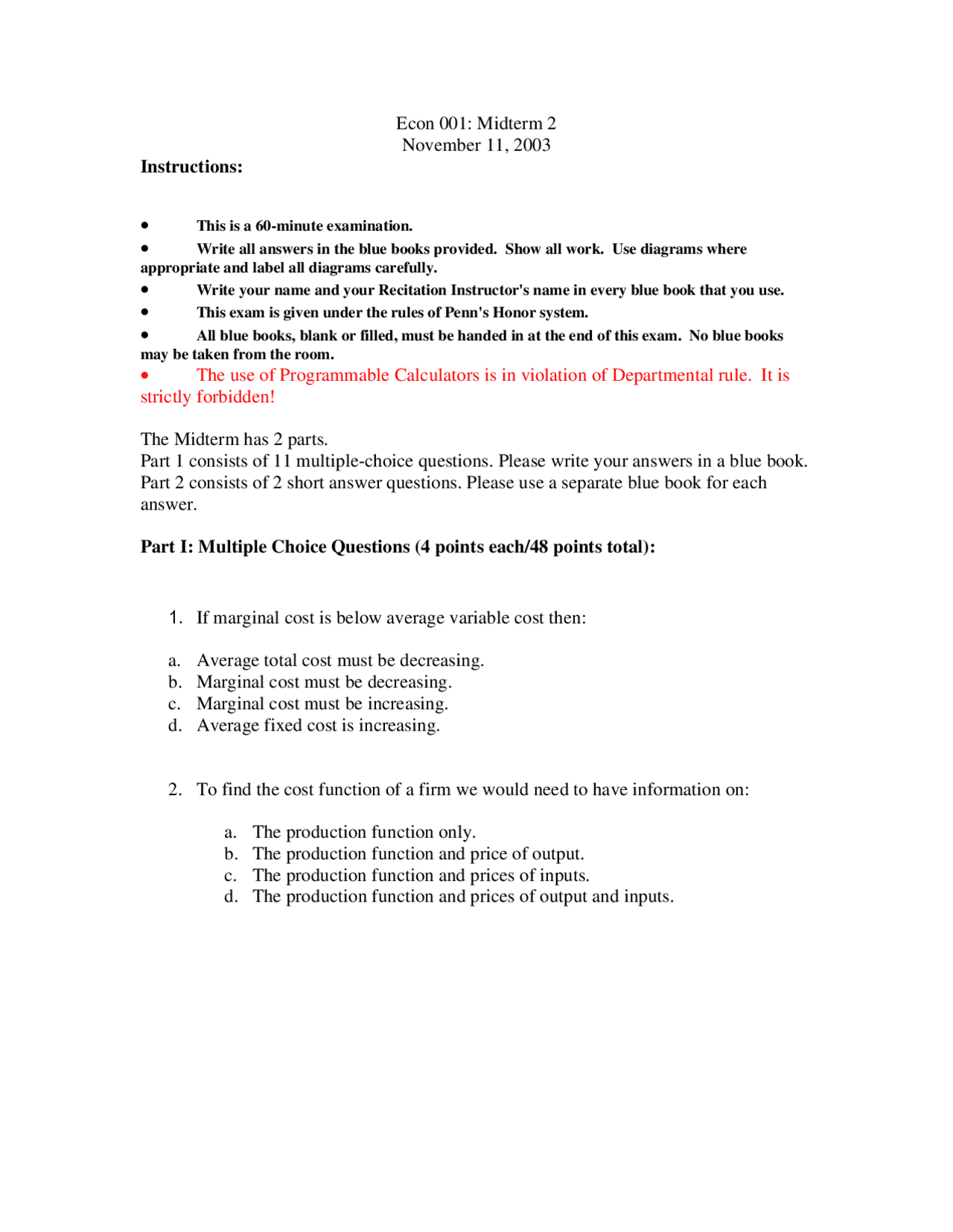 Midterm Exam 2 With Answer Key Introduction To Microeconomics Econ