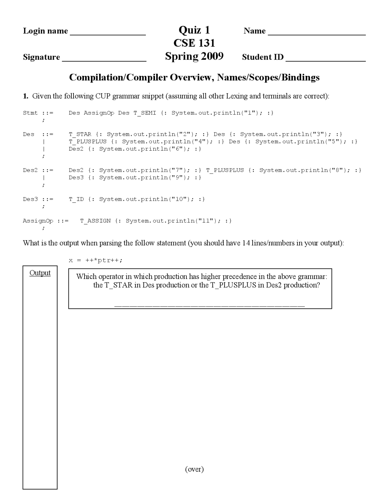 Compilation And Compiler Overview Quiz One Cse 131 Docsity