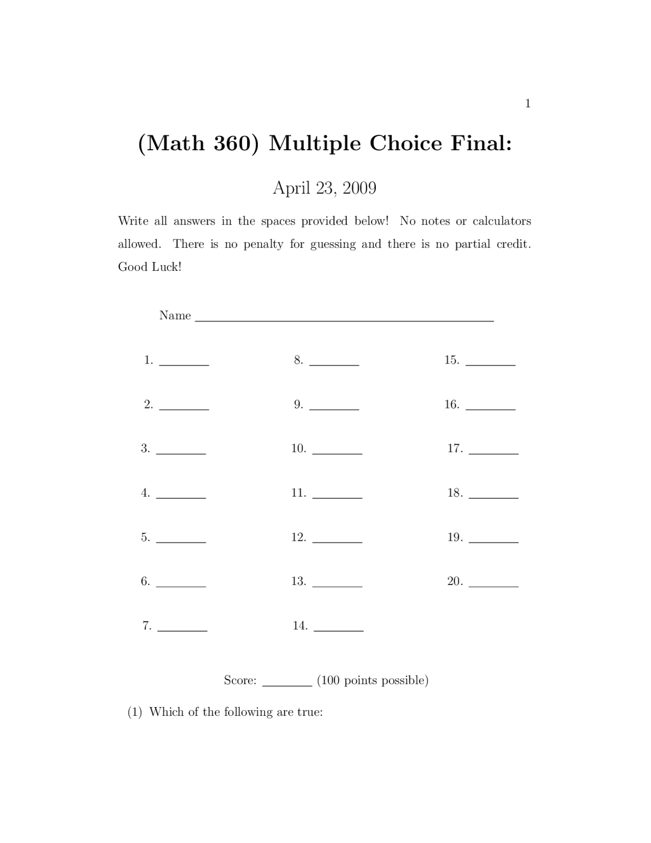 Multiple Choice Questions For Final Exam Advanced Calculus Math 360