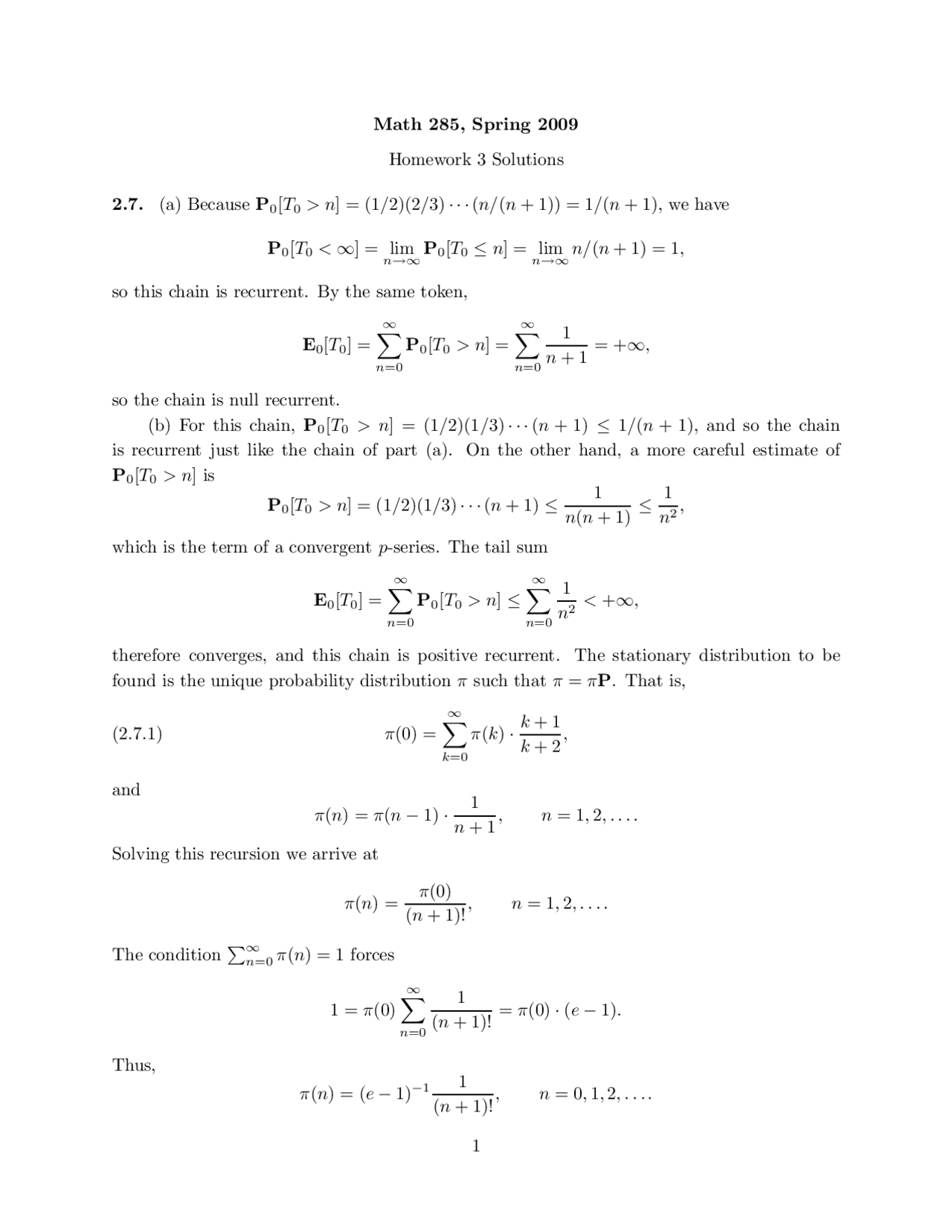 Solutions Assignment 3 Stochastic Processes Math 285 Docsity