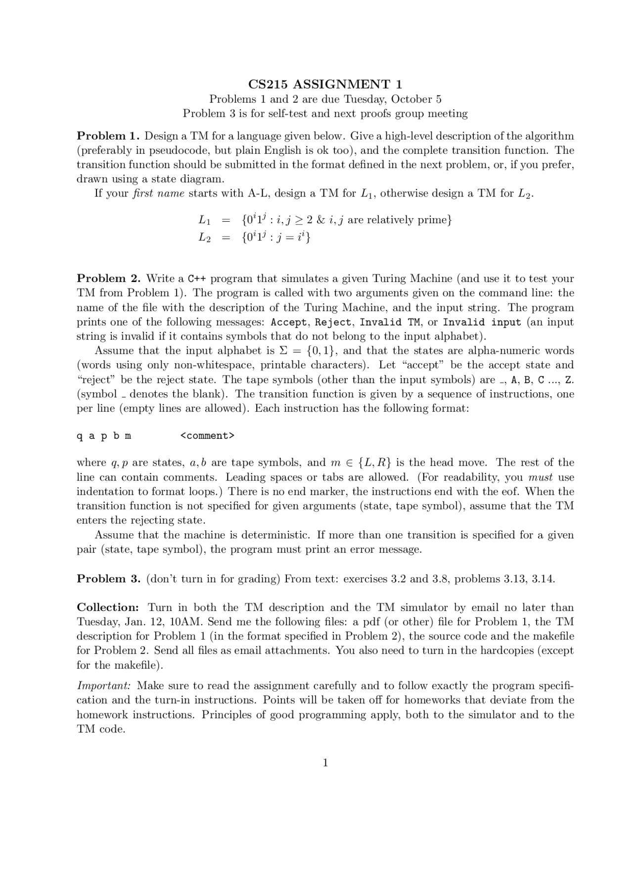 Problems For Assignment 1 Theory Of Computation Cs 215 Docsity