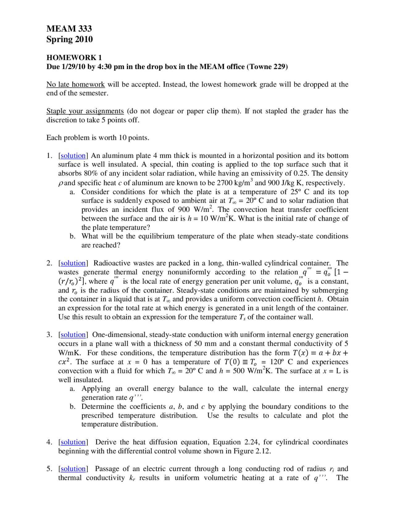Assignment 1 With Solutions Heat And Mass Transfer Meam 333 Docsity