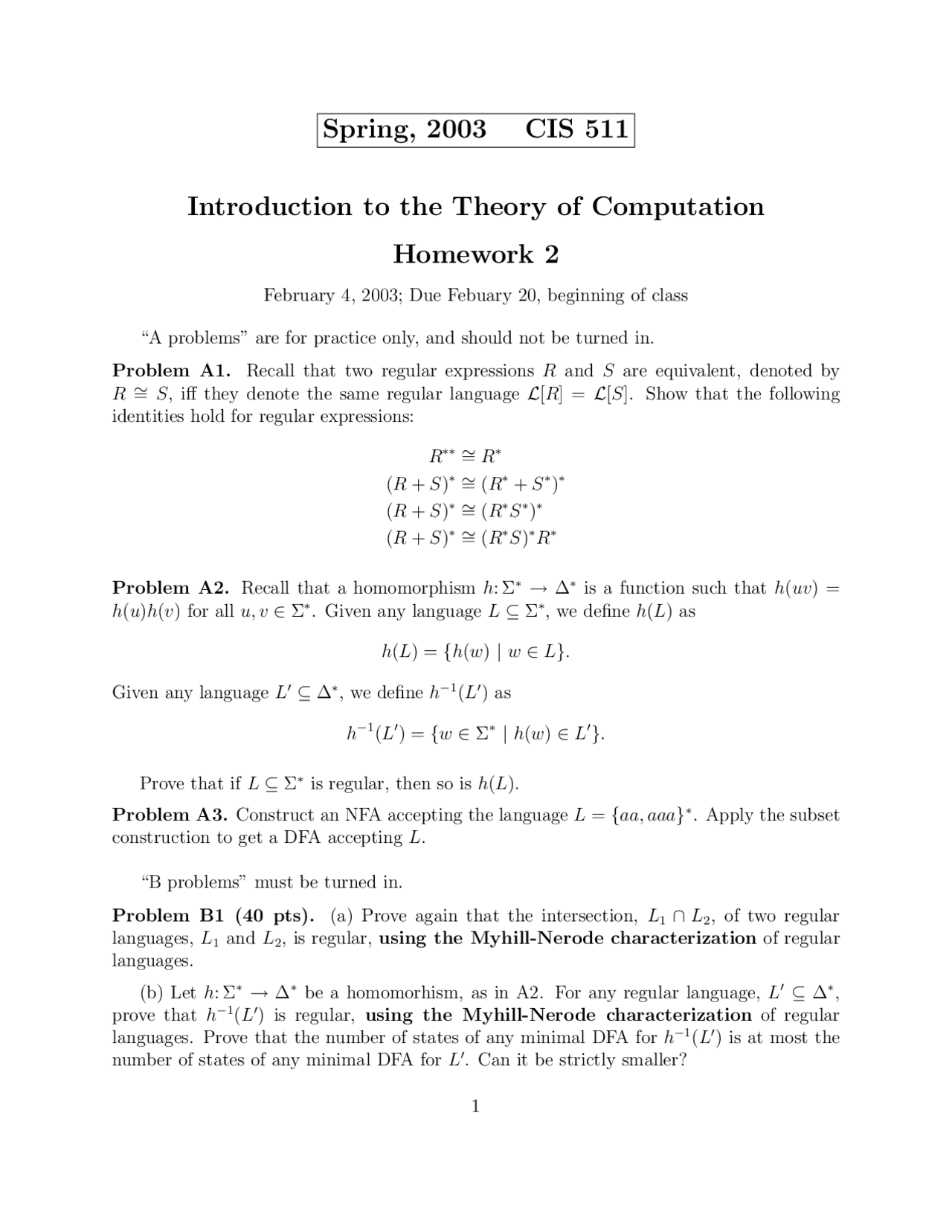 Assignment 2 Questions Theory Of Computation Cis 511 Docsity
