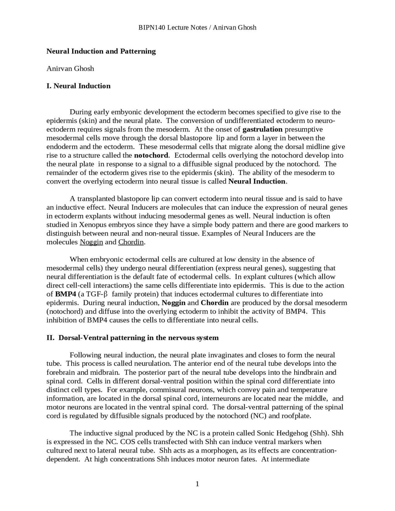 Notes On Neural Induction And Patterning Socc 140 Docsity
