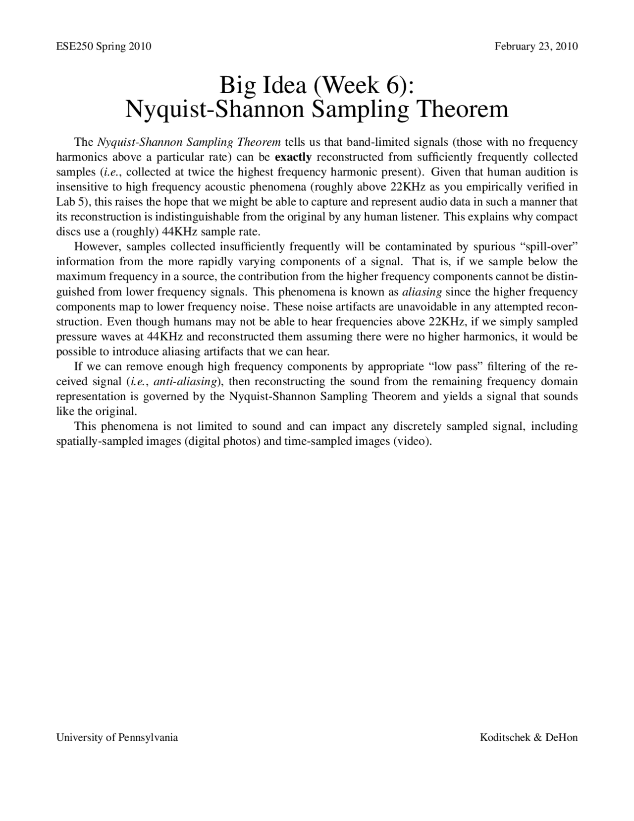 Big Idea Nyquist Shannon Sampling Theorem Assignment Ese 250 Docsity