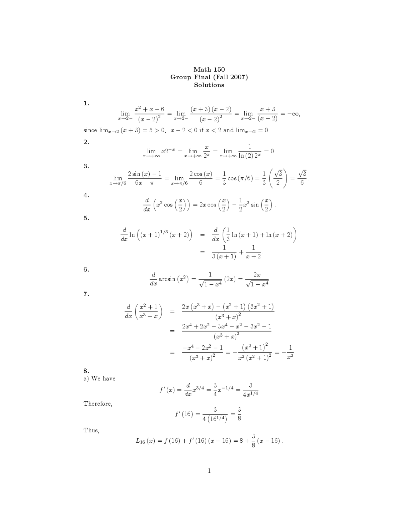 19 Questions With Solutions In Final Exam Calculus I Math 150 Docsity