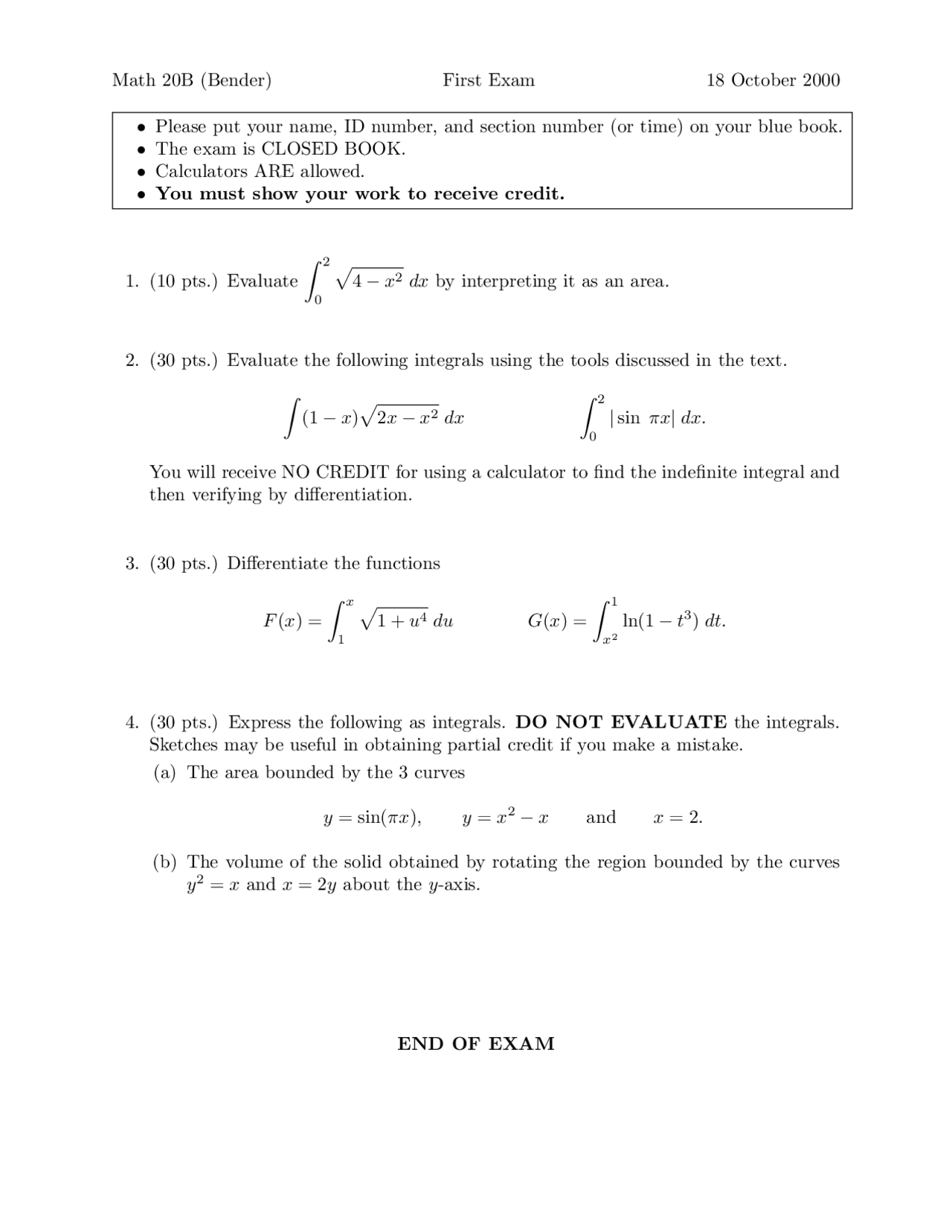 Exam 1 - Calculus for Science and Engineering | MATH 20B - Docsity