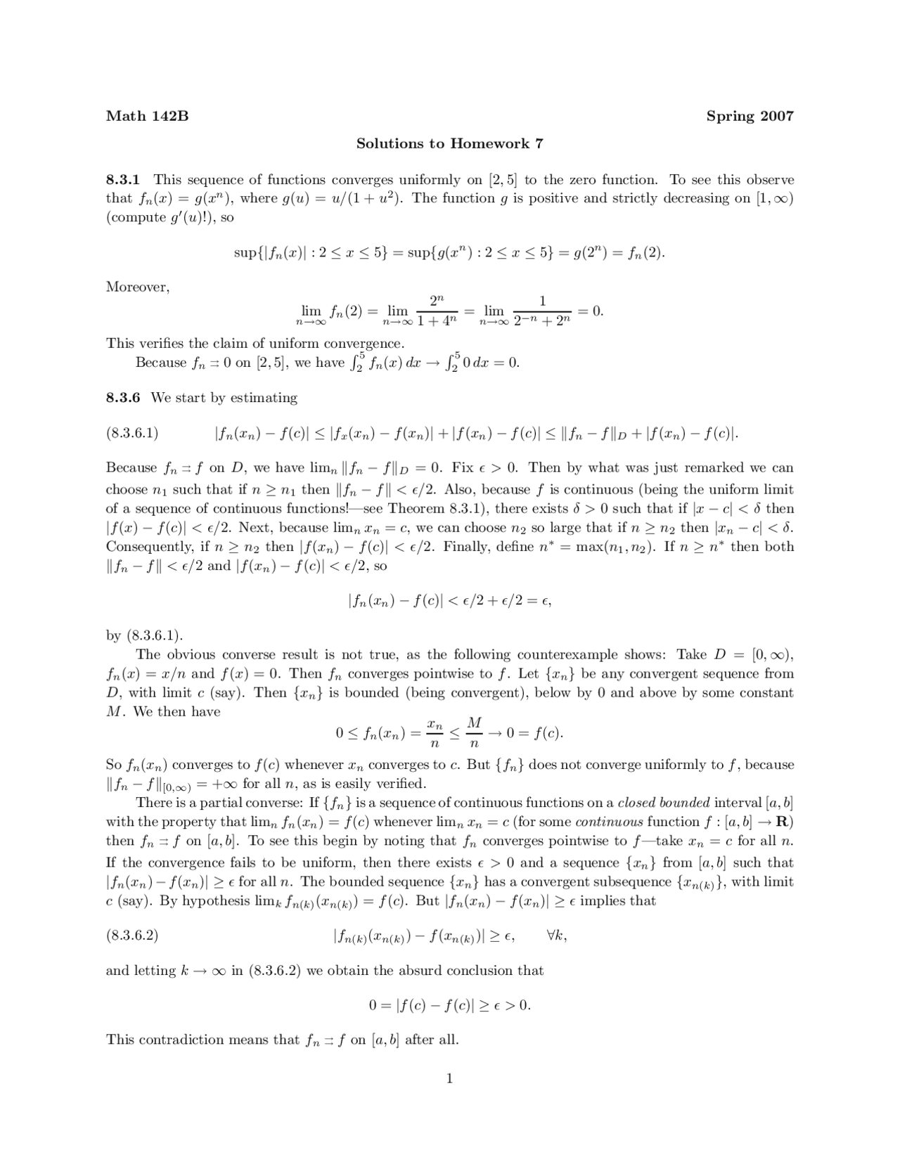 Solutions To Homework 7 Introduction To Analysis Ii Math 142b Docsity