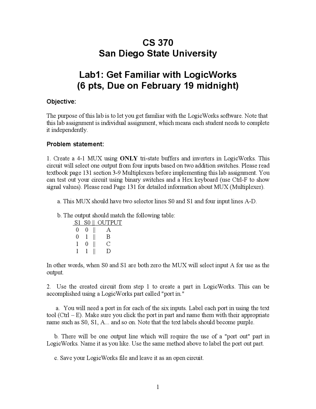 Get Familiar With Logic Works Laboratory 1 Cs 370 Docsity