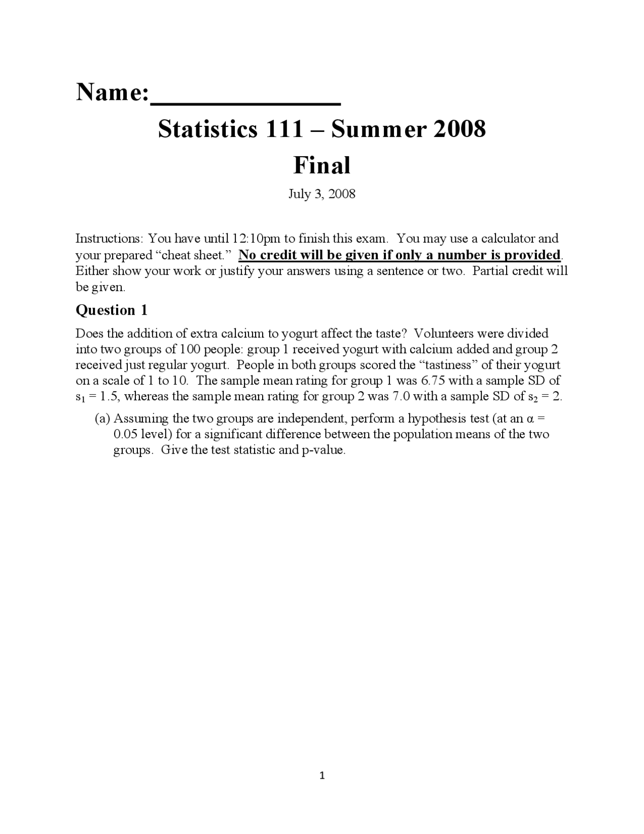 6 Problems for Introductory Statistics - Final Examination | STAT 111 ...