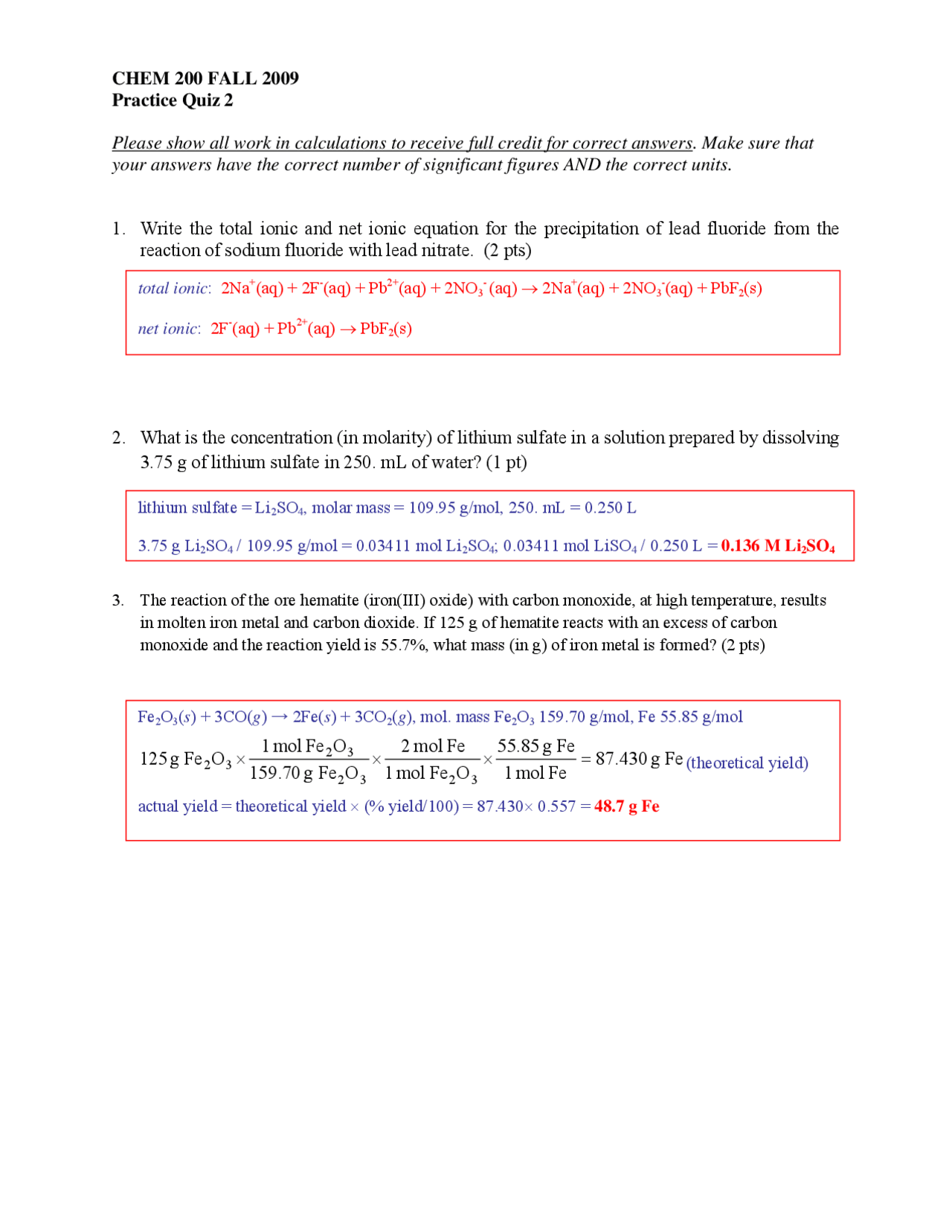 Molarity, General Chemistry - Practice Quiz #2 | CHEM 200 - Docsity
