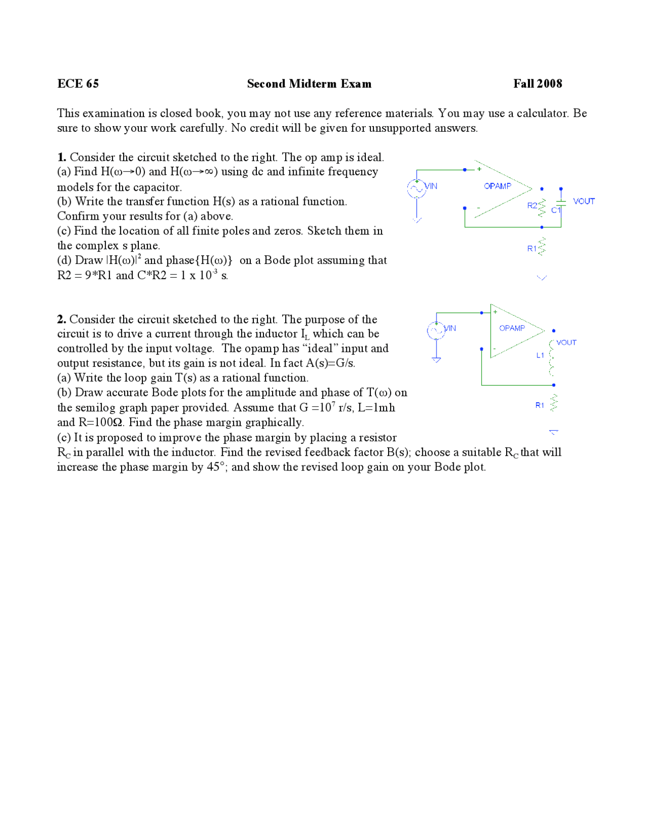 Midterm Exam 2 For Components And Circuits Lab Ece 65 Docsity