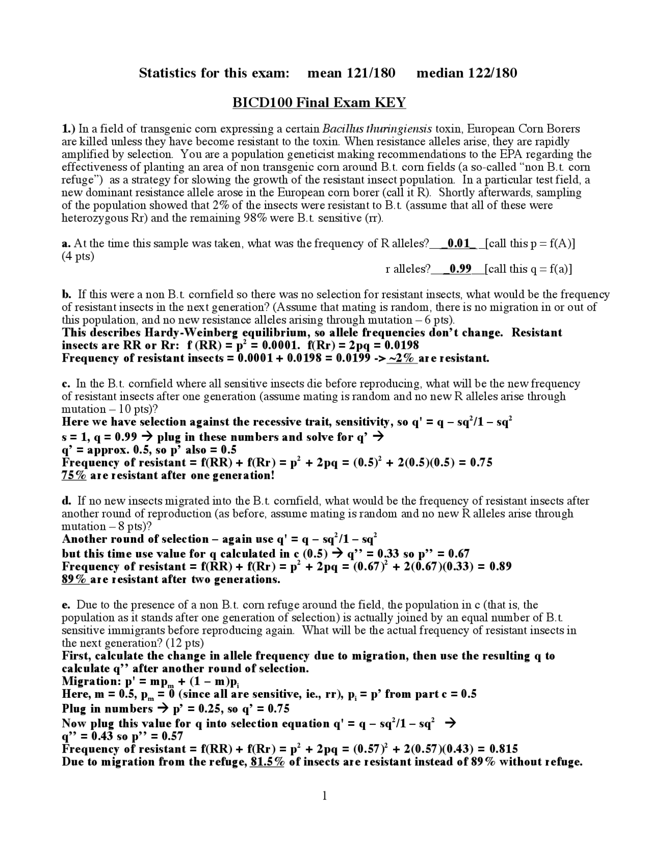 Final Exam Answers Key Genetics Bicd 100 Docsity