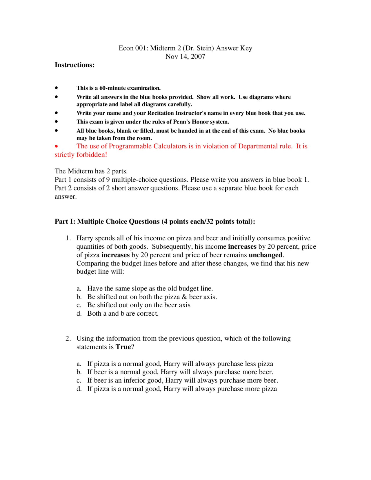 Introduction To Microeconomics Midterm Exam 2 With Answer Key Econ