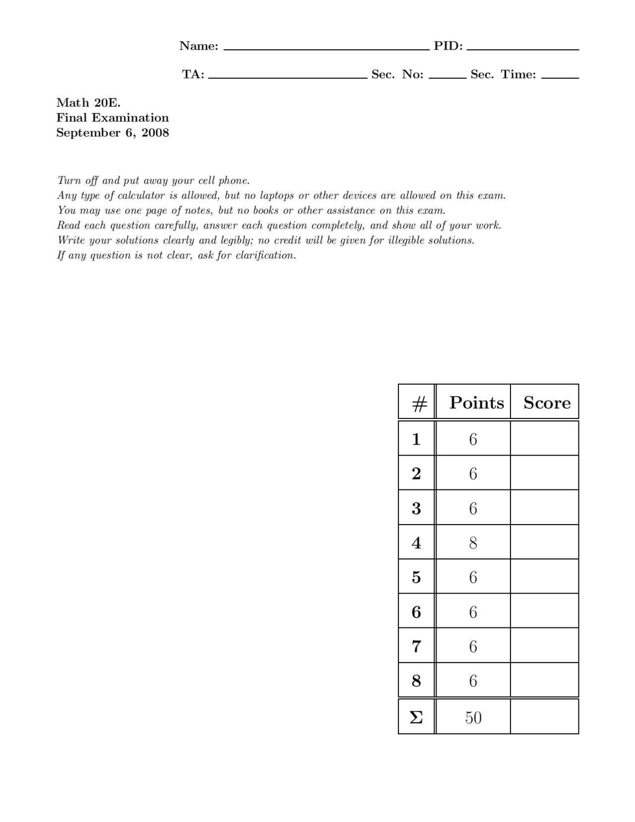 8 Questions on Vector Calculus - Final Exam | MATH 20E - Docsity