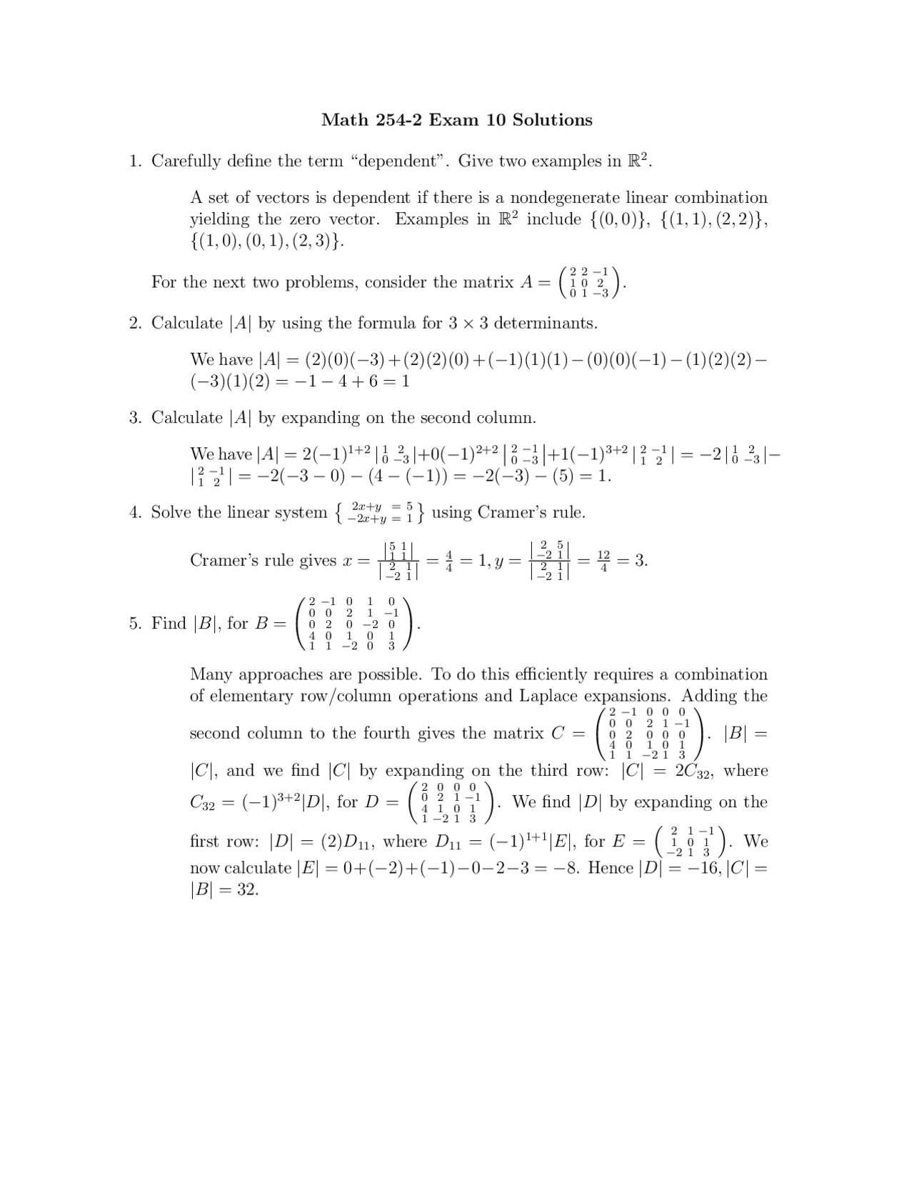 Introduction To Linear Algebra Solutions To Old Exam 10 Math 254