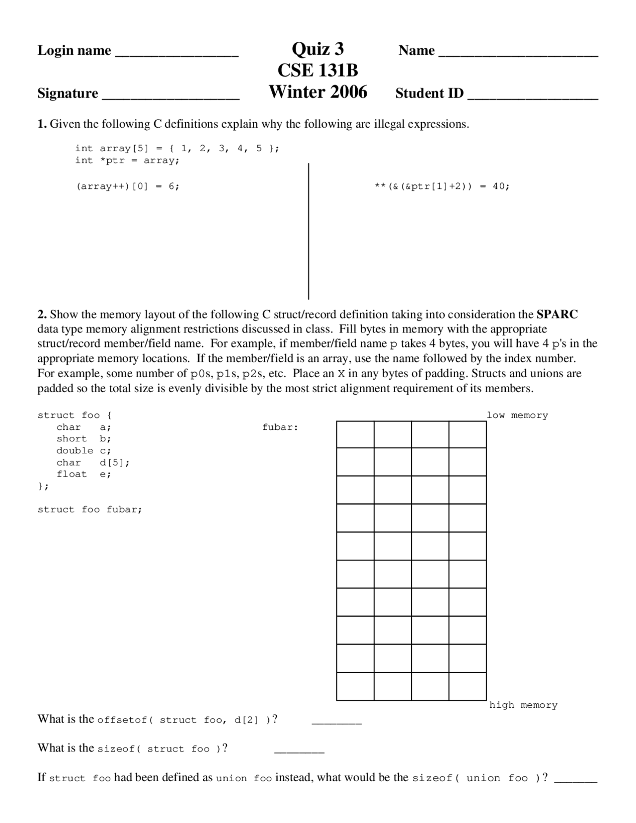 Practice Quiz 3 Compiler Construction Cse 131 Docsity