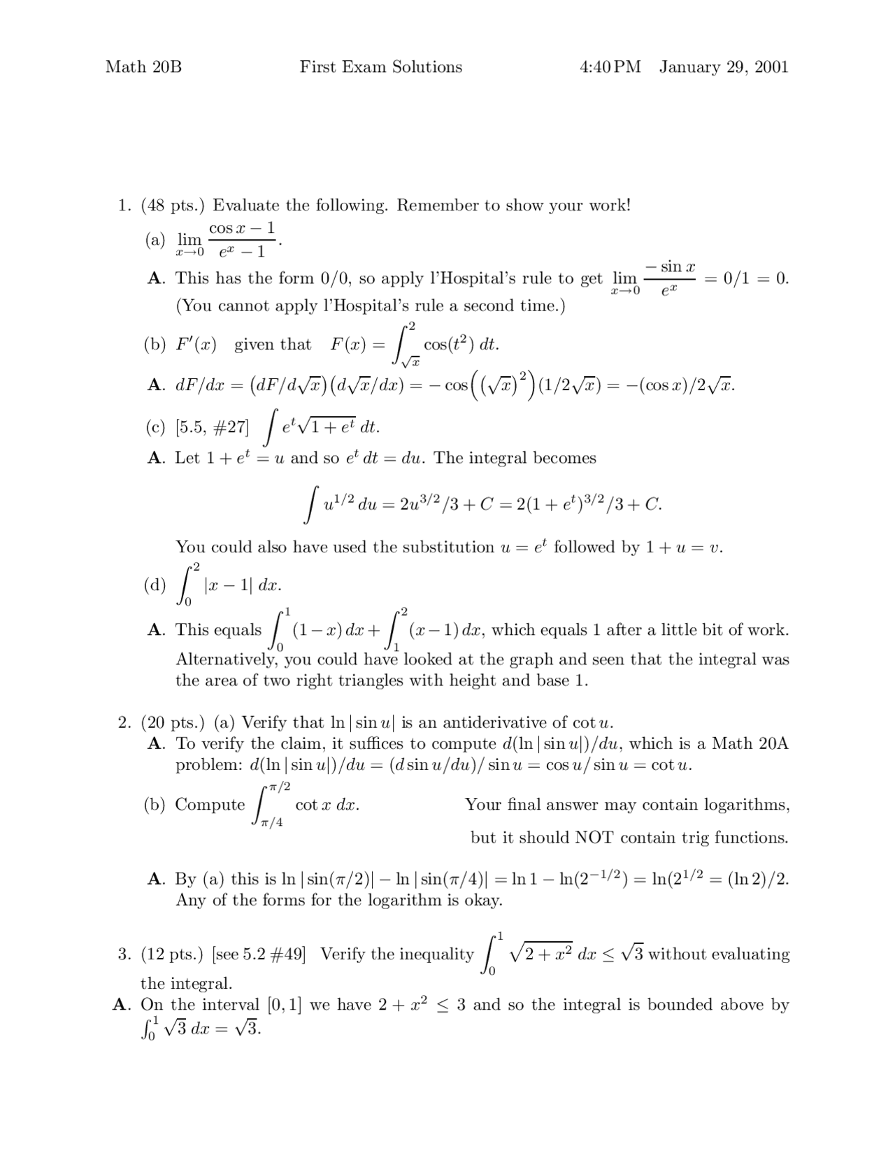 Math 20B: First Exam Solutions - January 29, 2001 | Exams Mathematics | Docsity