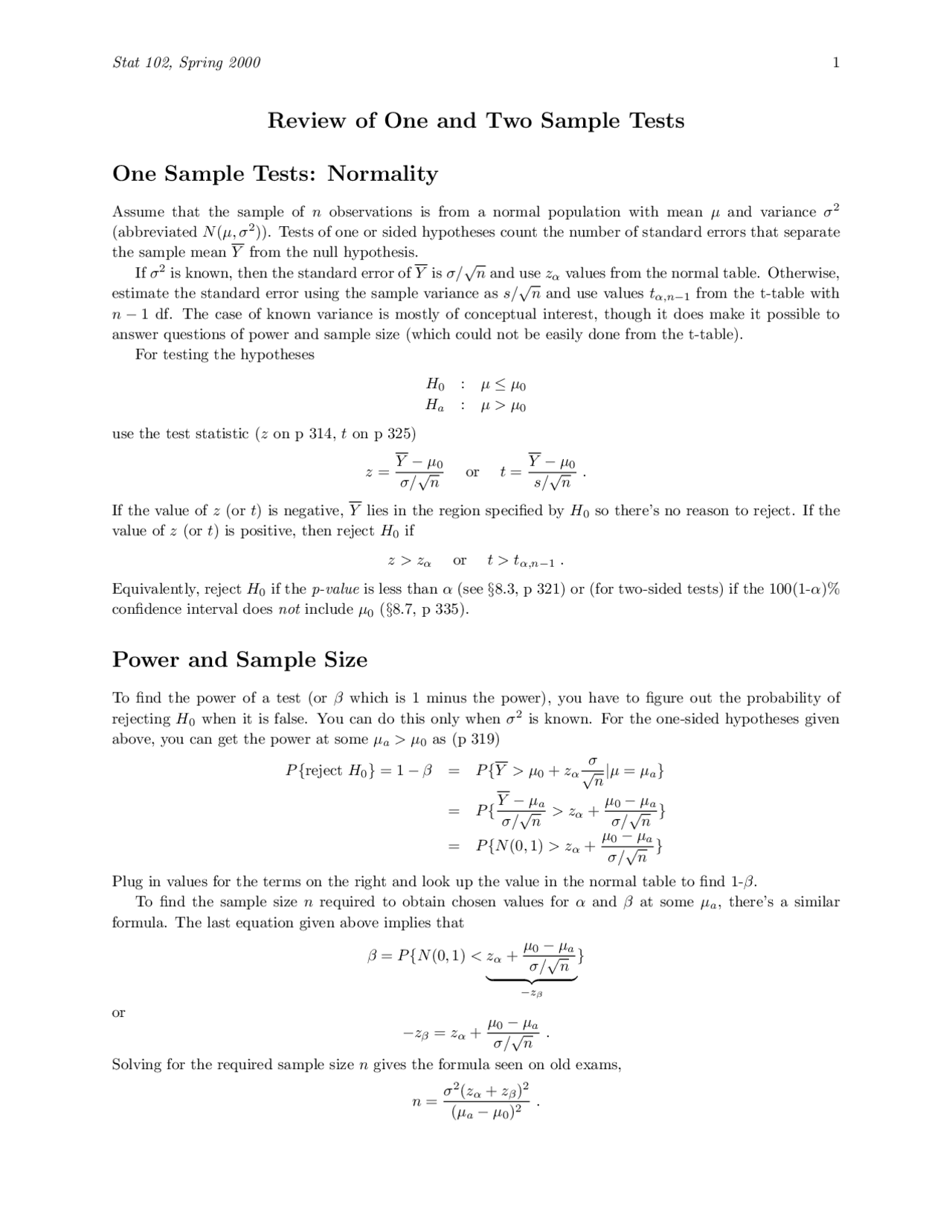 Review of One and Two Sample Tests - Lecture Notes | STAT 102 - Docsity