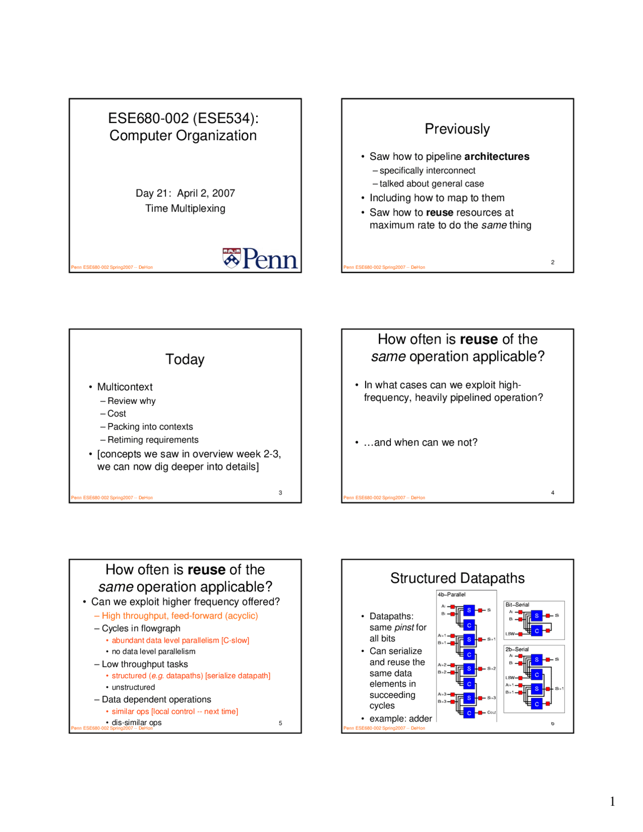 Time Multiplexing - Computer Organization, Slides | ESE 534 - Docsity