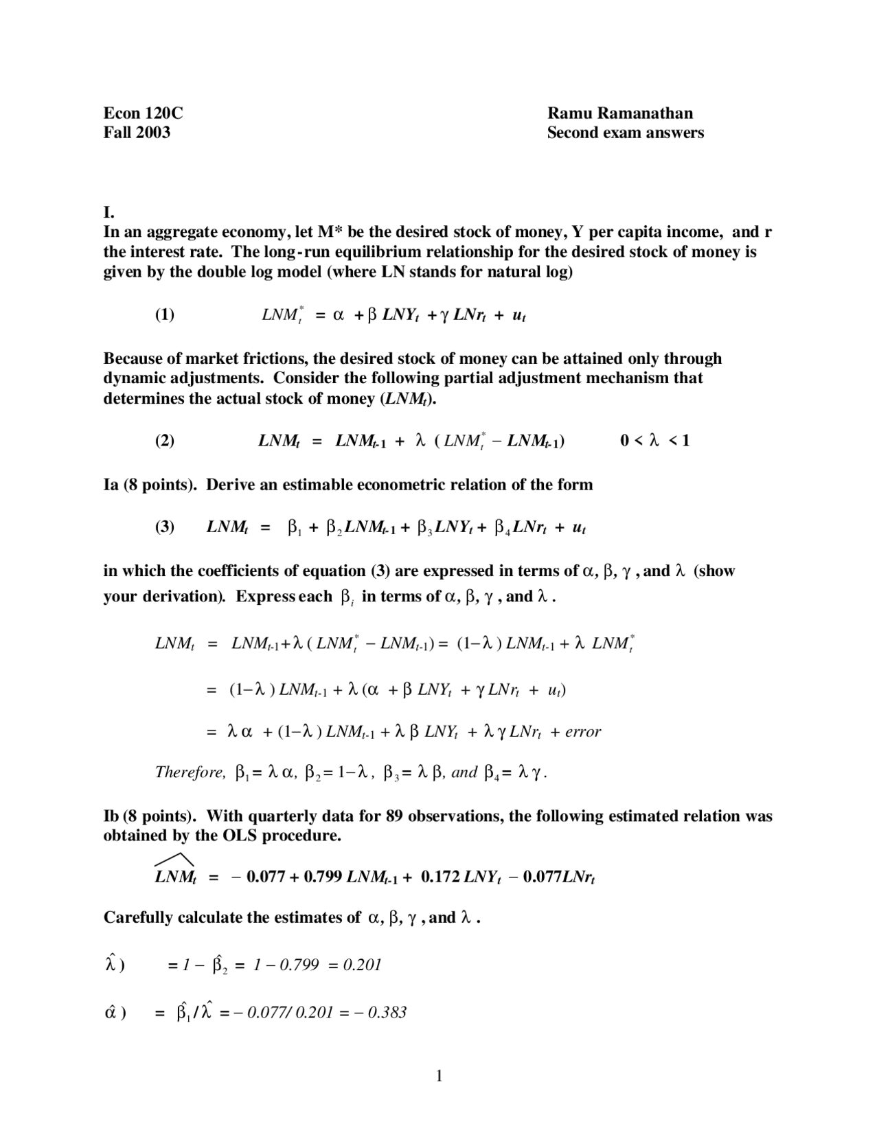 Second Exam Answers For Econometrics C Fall 2003 Econ 120c Docsity