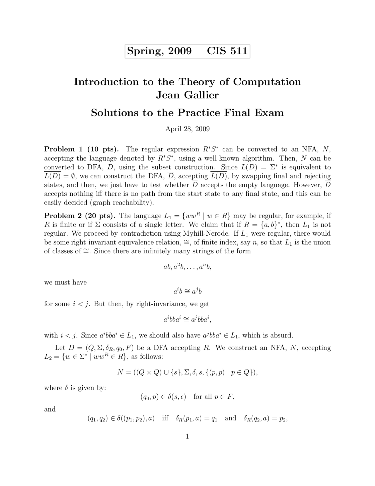 Theory Of Computation Solutions To Practice Final Exam Cis 511 Exams Computer Science