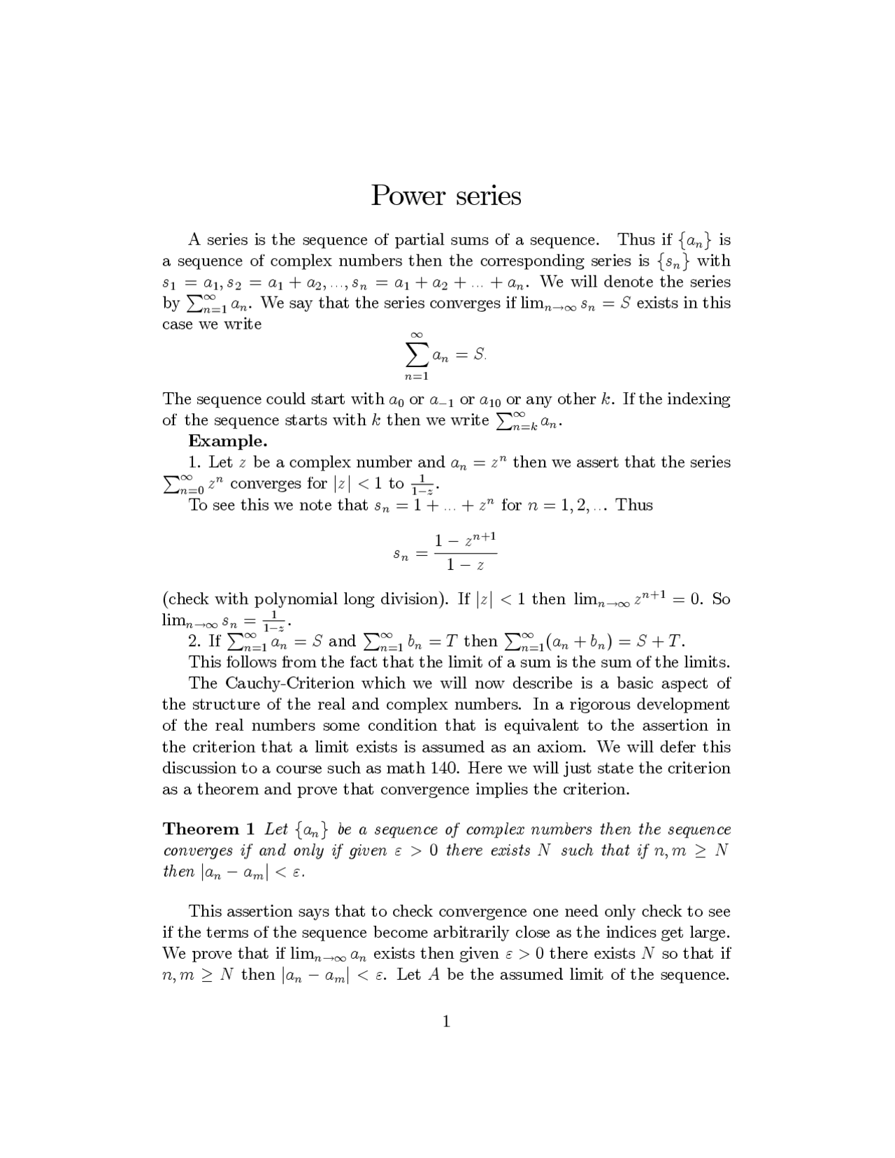Lecture Notes on Power Series - Elements of Complex Analysis | MATH ...