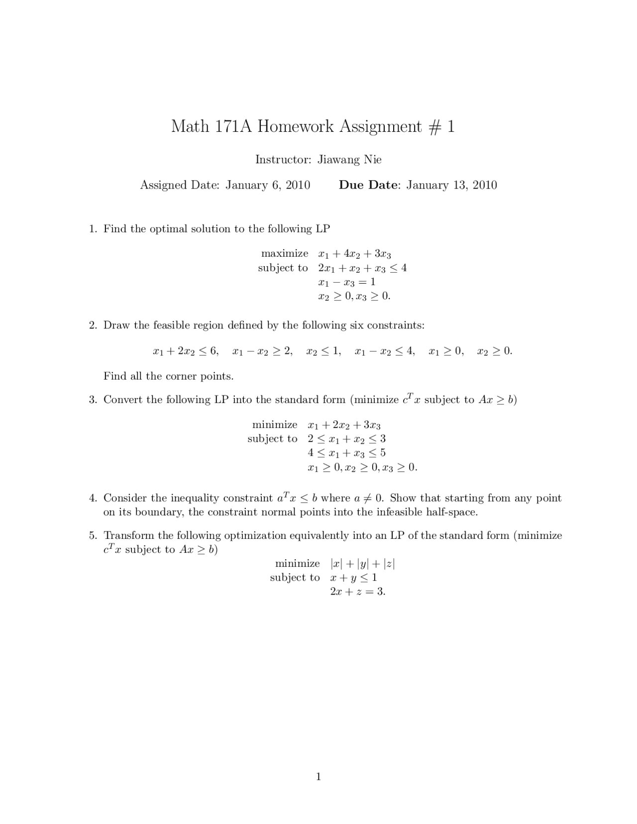 Math 171A Homework Assignment #1: Linear Programming | Assignments ...