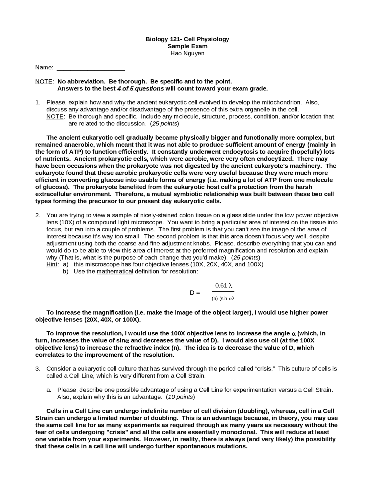 Solved Sample Exam For Cell Physiology Bio 121 Docsity