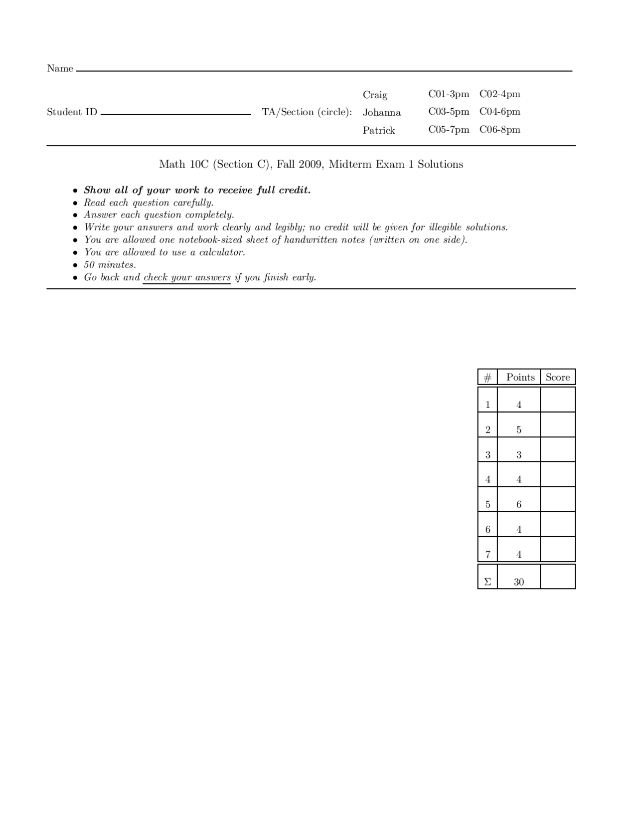 Midterm Examination 1 Solutions Calculus Math 10c Docsity