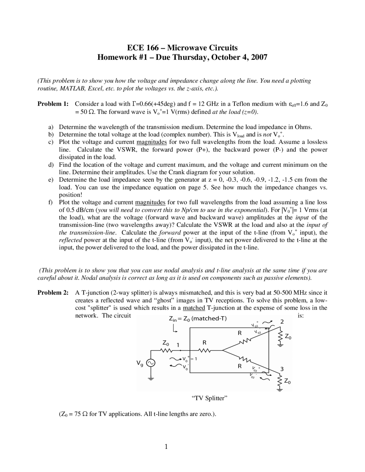 Homework 1 Questions For Microwave Circuits Socb 166 Docsity