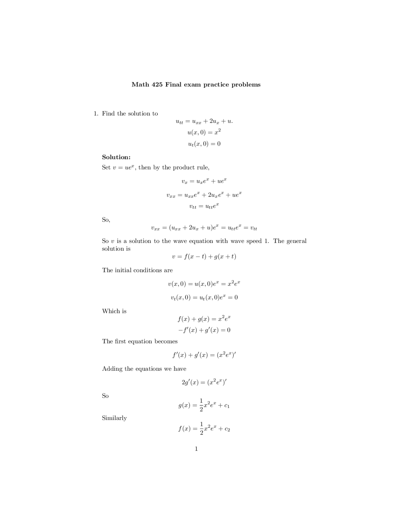 Problems for Partial Differential Equations with Answers - Final Exam | MATH 425 - Docsity