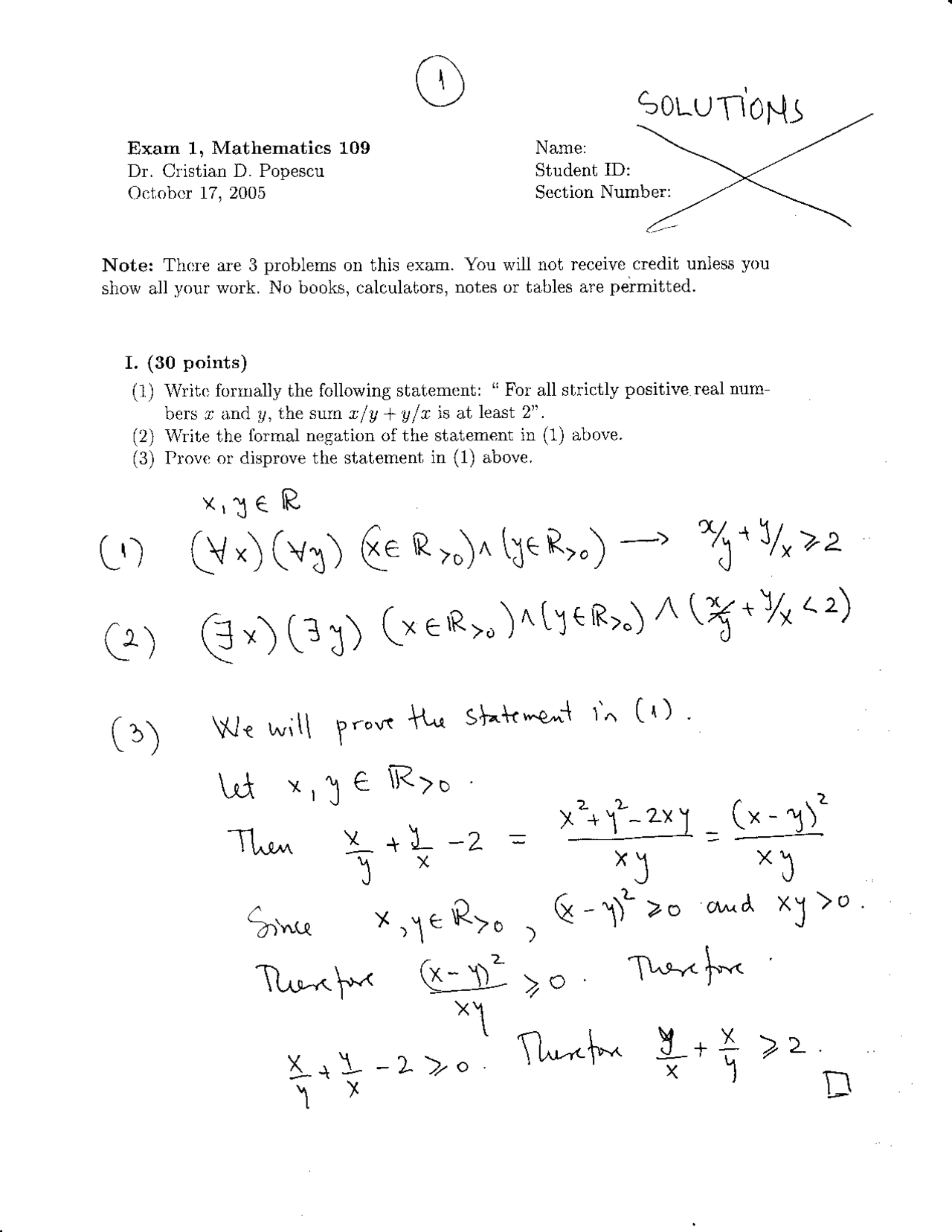 Exam 1 With Solution For Mathematical Reasoning Math 109 Docsity