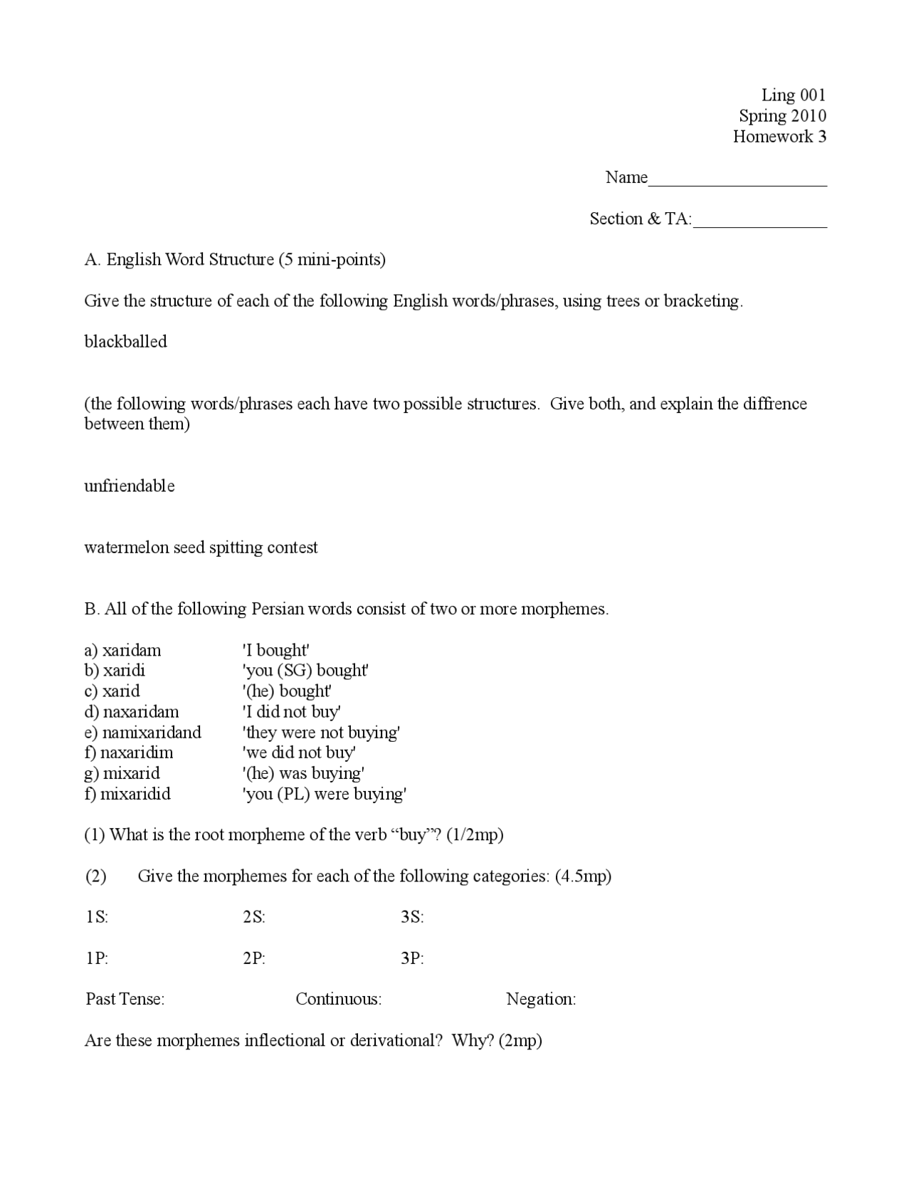 Introduction To Linguistics Assignment 3 Problems Ling 001 Docsity