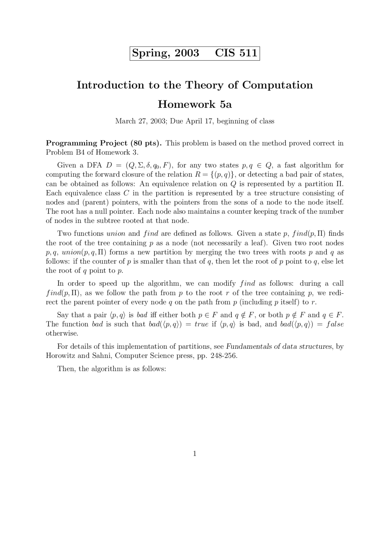 Homework 5a Introduction To Theory Of Computation Cis 511 Docsity