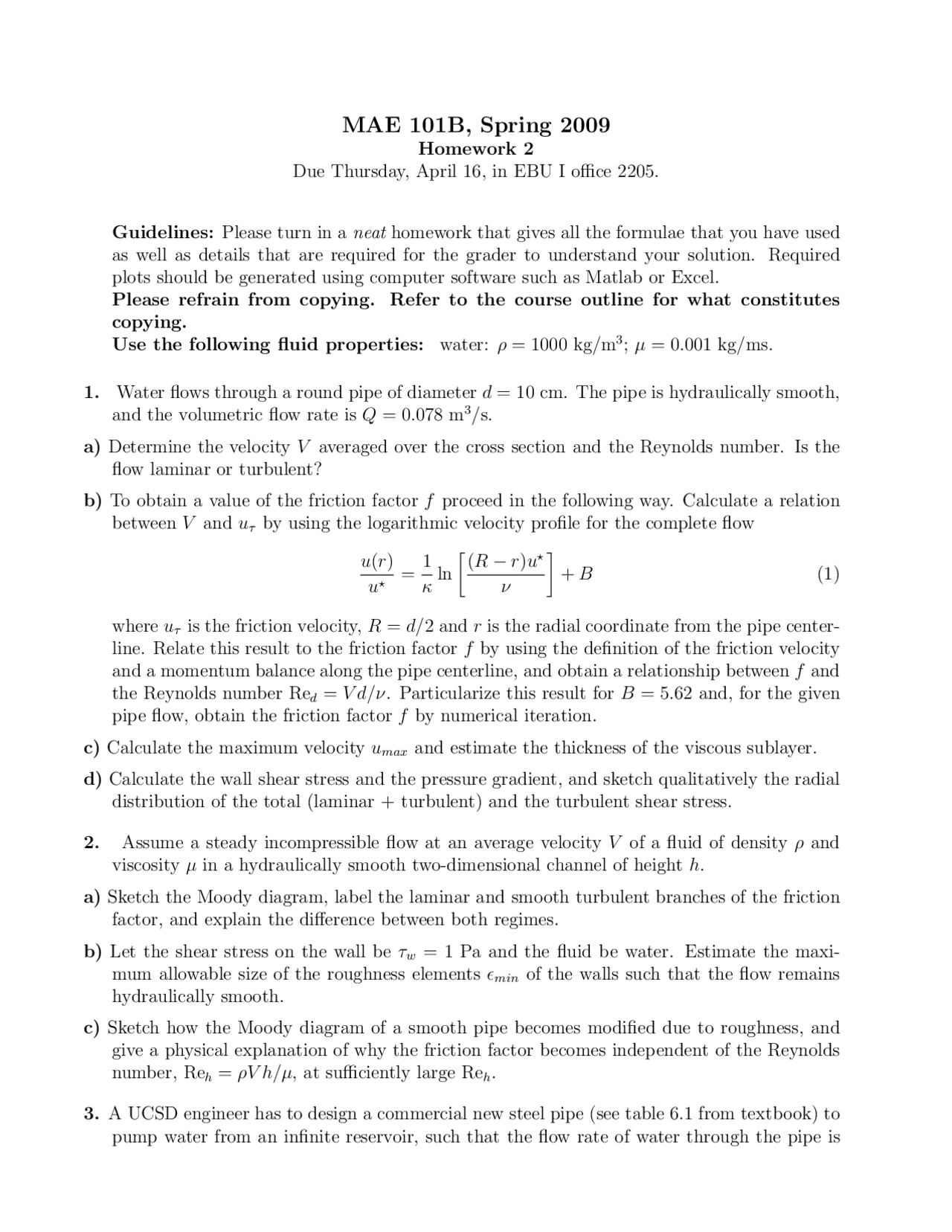 3 Problems on Advanced Fluid Mechanics - Homework 2 | MAE 101B - Docsity