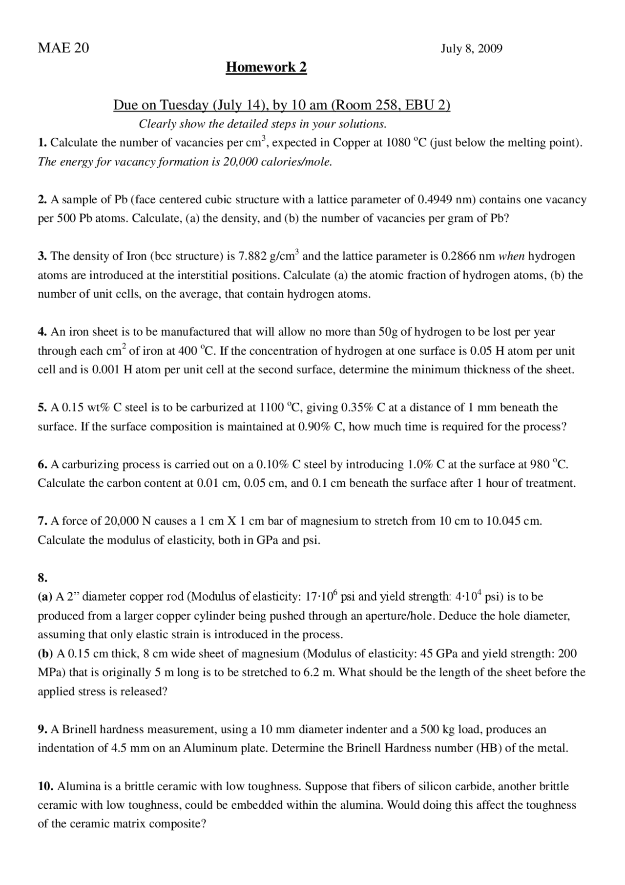 10 Questions For Assignment 2 Elements Of Materials Science Mae 20