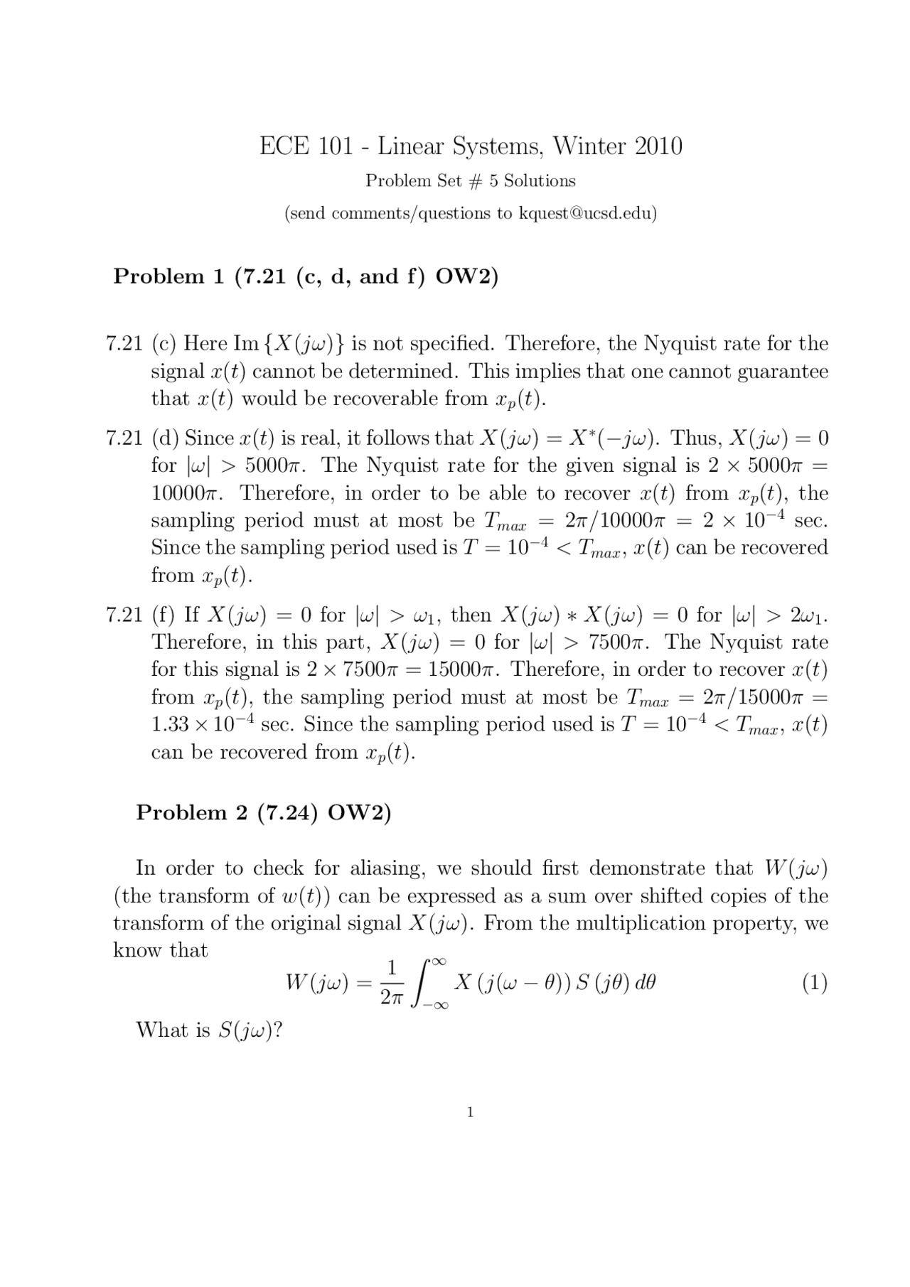 Problem Set 5 Solutions Linear Systems Fundamentals Ece 101 Docsity