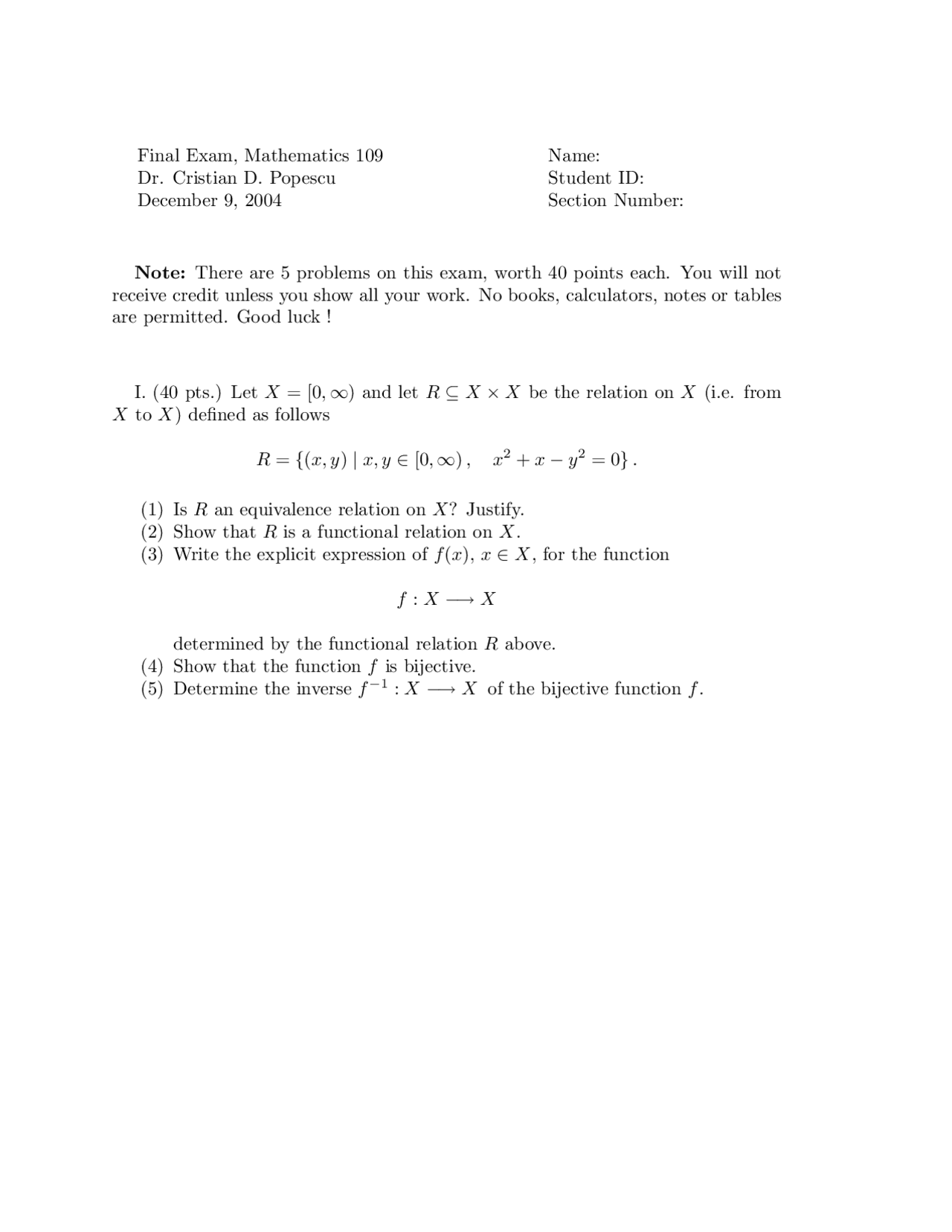 Final Exam For Mathematical Reasoning Math 109 Docsity