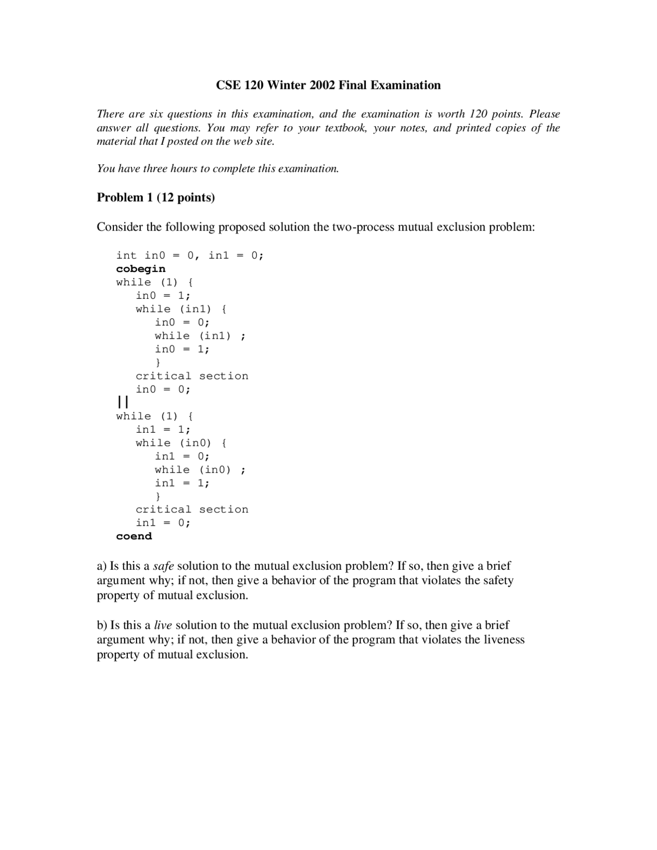 6 Problems For Final Exam Principle Computer Operating Systems Cse