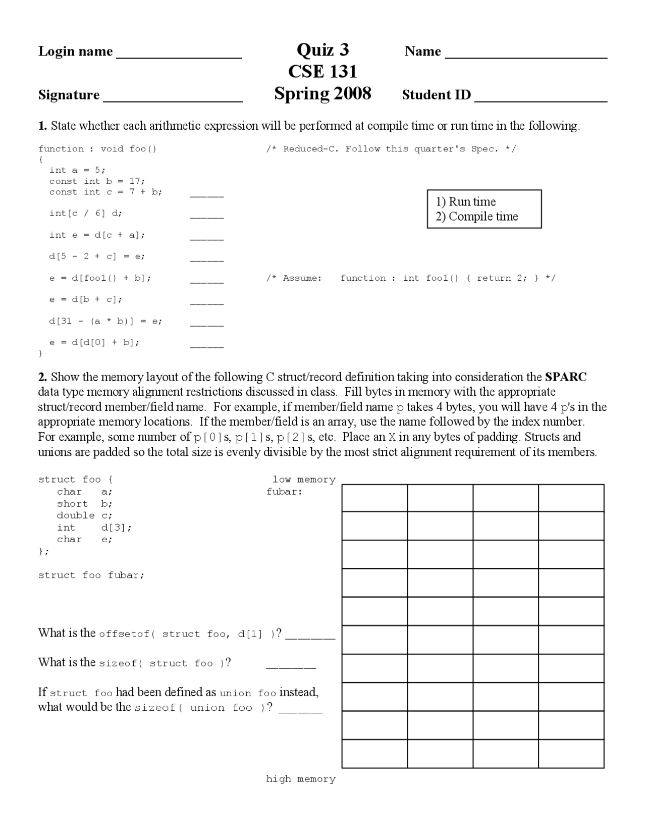 Quiz 3 Compiler Construction Spring 2008 Cse 131 Docsity
